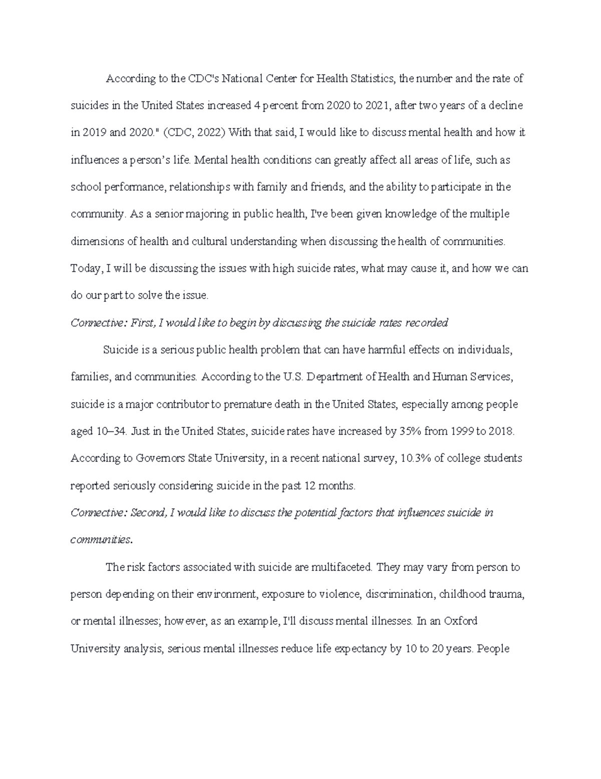 Final Speech Script - According to the CDC's National Center for Health ...