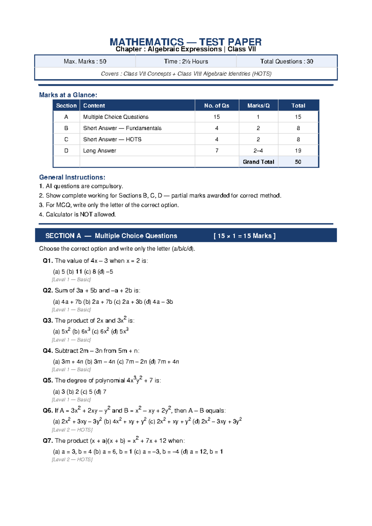Class VII Mathematics Test Paper: Algebraic Expressions (50 Marks ...