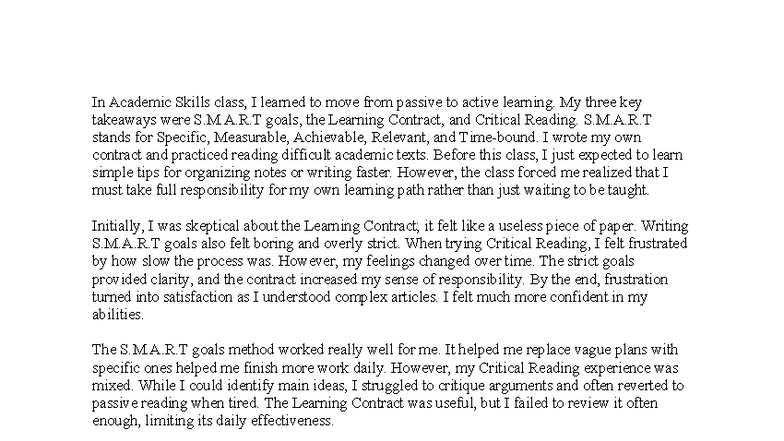 Reflective Essay on Academic Skills: S.M.A.R.T Goals & Learning ...
