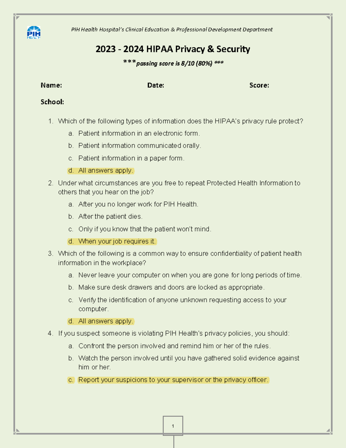 2023 - 2024 HIPAA Privacy & Security Test Guide for PIH Health - Studocu