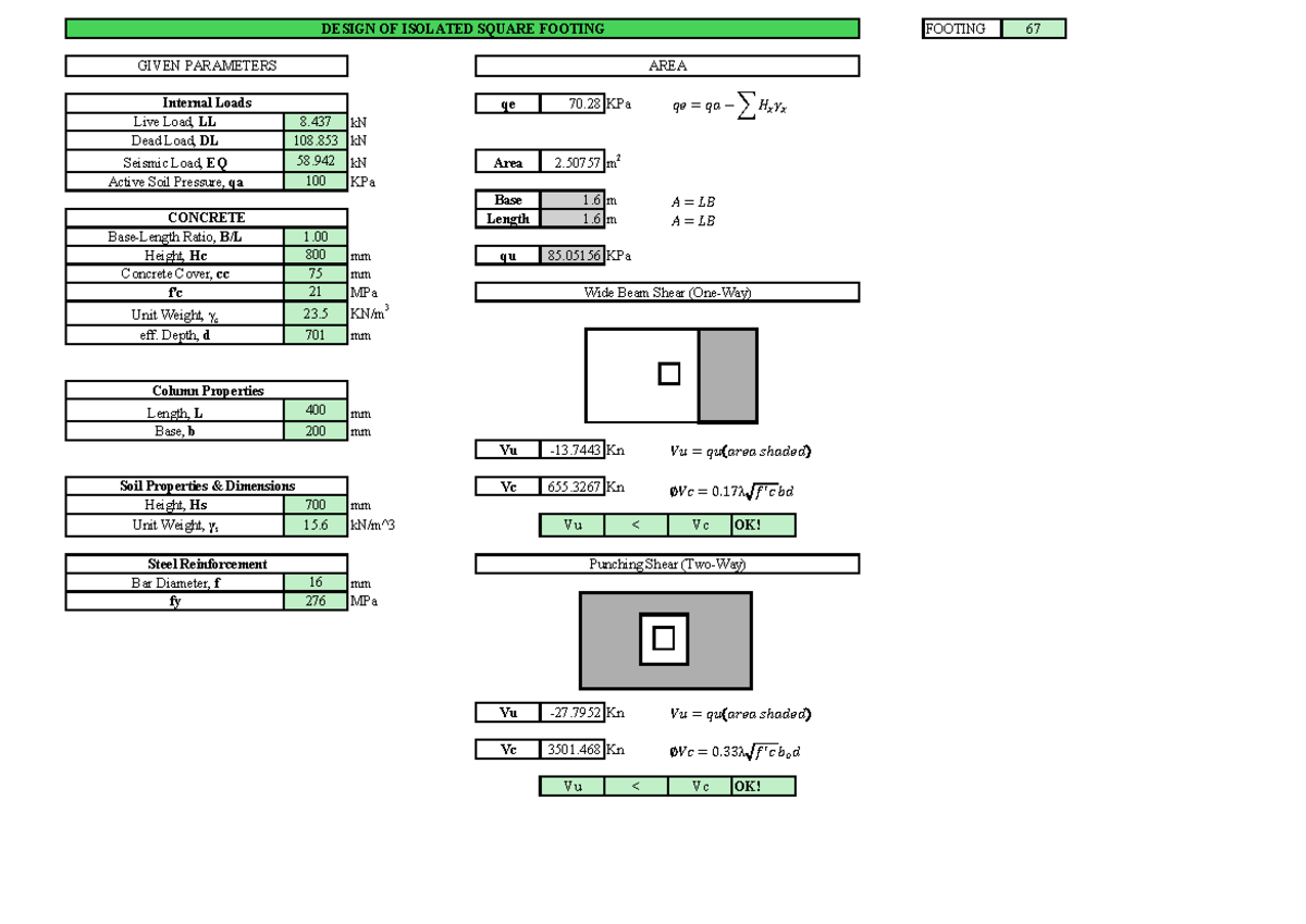 CE 202 - Design of Isolated Square Footing Using Excel Computations ...