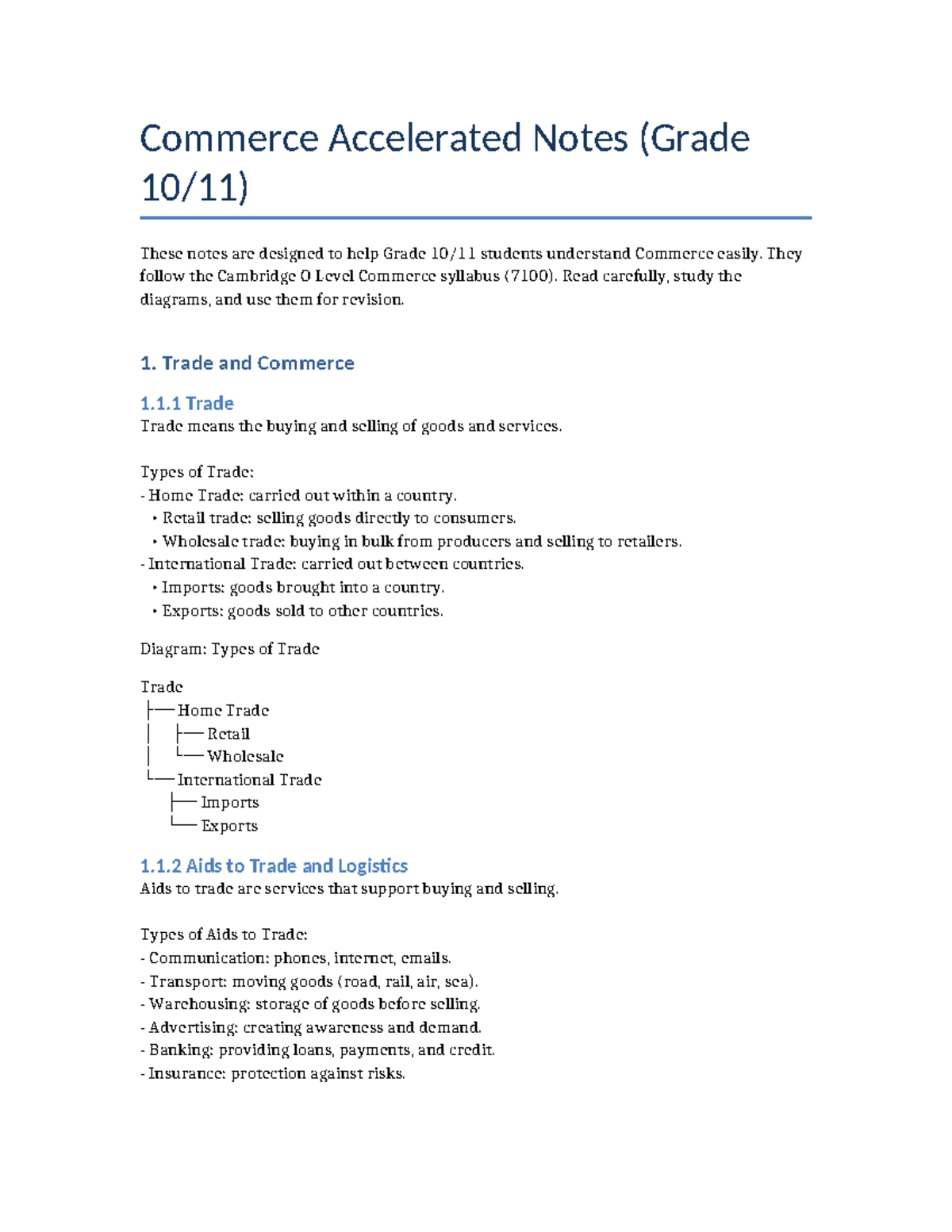 Commerce O Level Accelerated Notes (7100) for Grade Students - Studocu