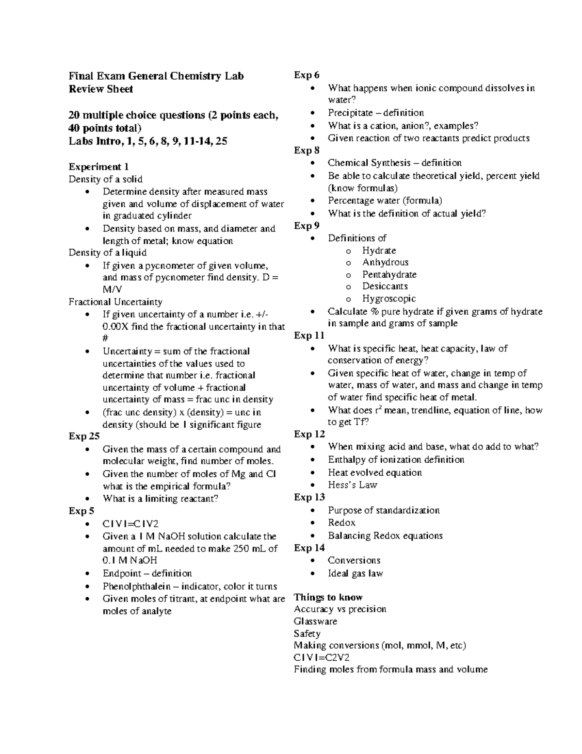 General Chemistry Lab Final Exam Review Sheet (CHEM 101) - Studocu