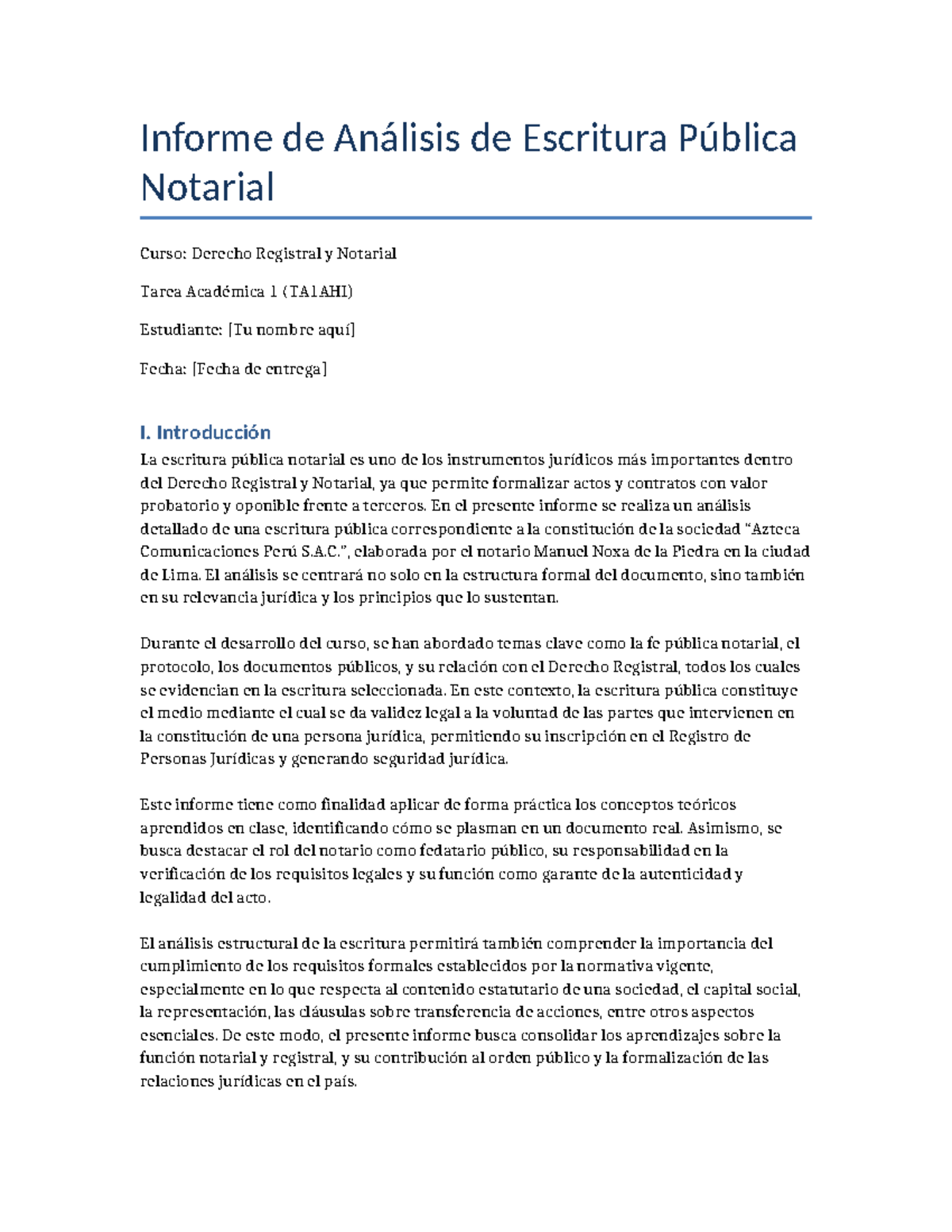 Informe de Análisis de Escritura Pública Notarial - Derecho Registral ...