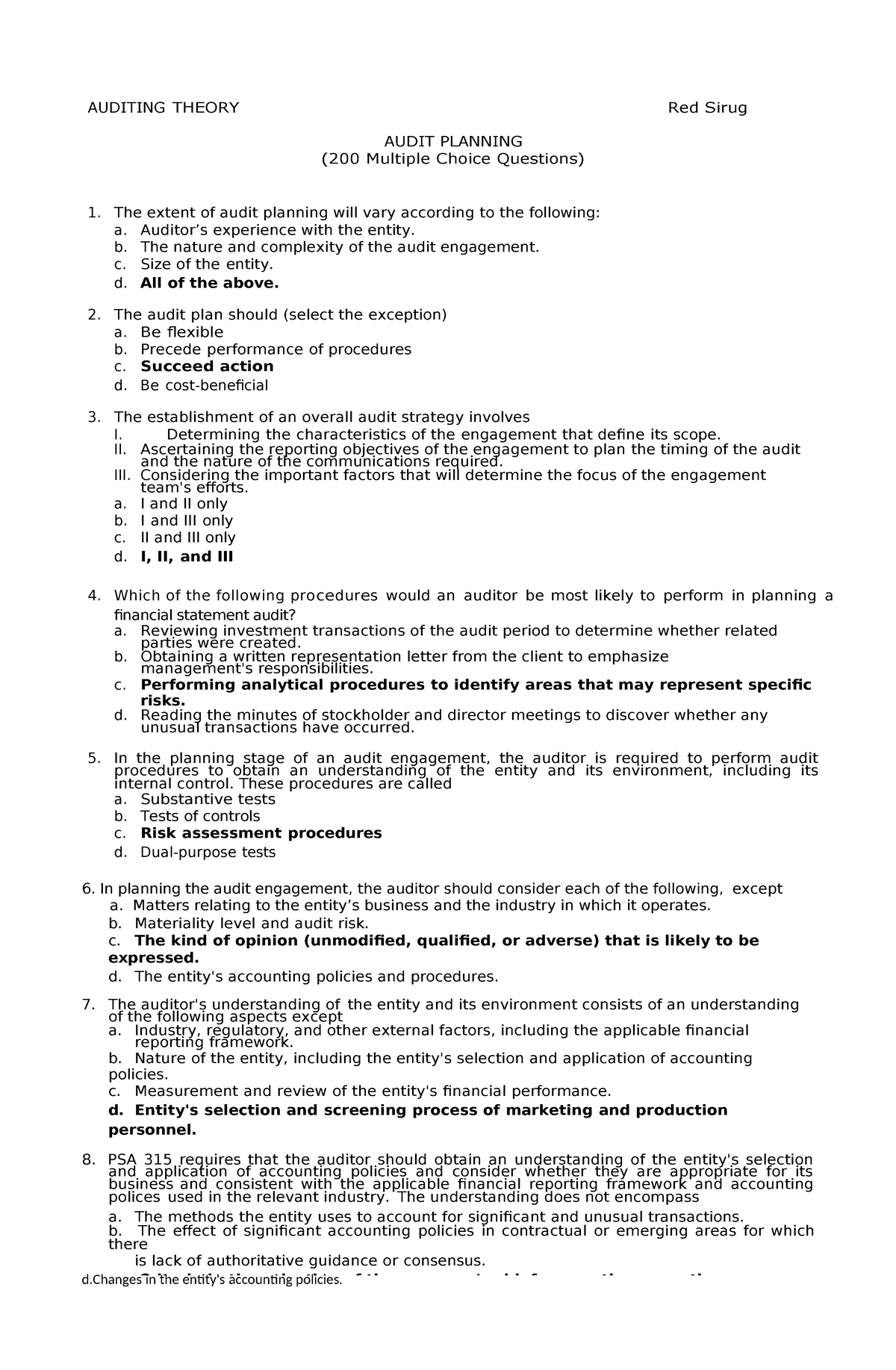 AUDITING THEORY: AUDIT PLANNING (200 MCQs) by Red Sirug - Studocu