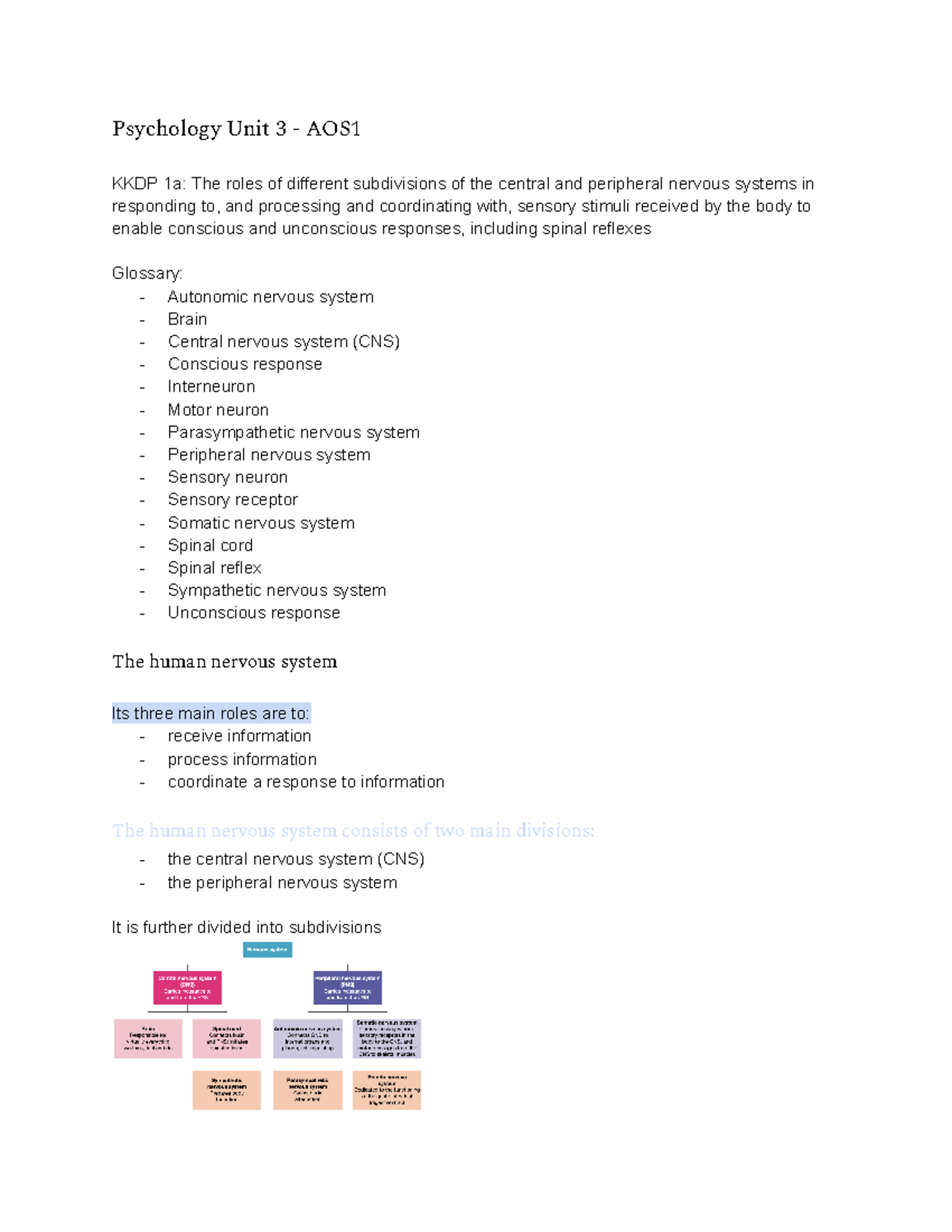 Psychology Unit 3 AOS1: Overview of Nervous System Functions and ...