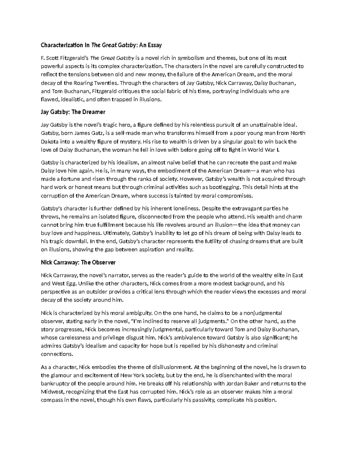Characterization Analysis in F. Scott Fitzgerald's The Great Gatsby ...