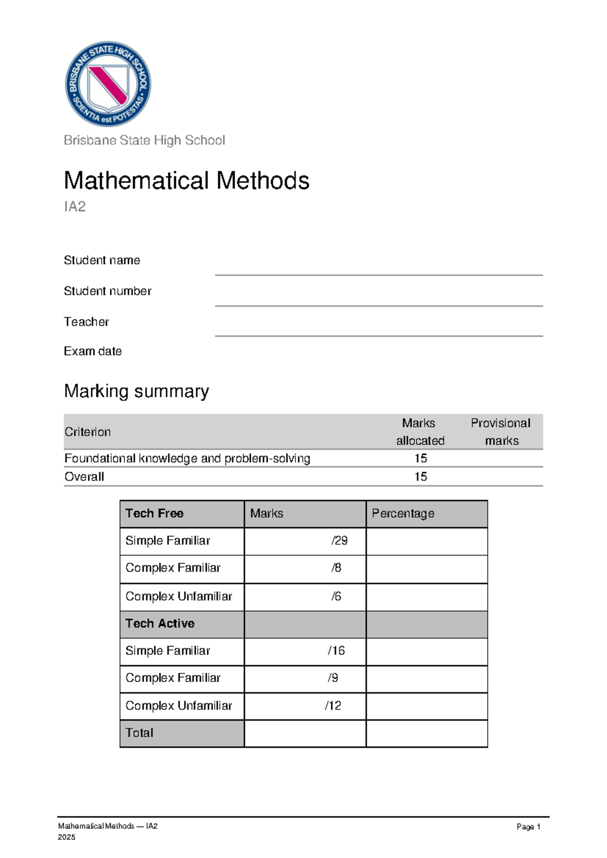 Mathematical Methods IA2 2025 Practice Exam Marking Summary and ...