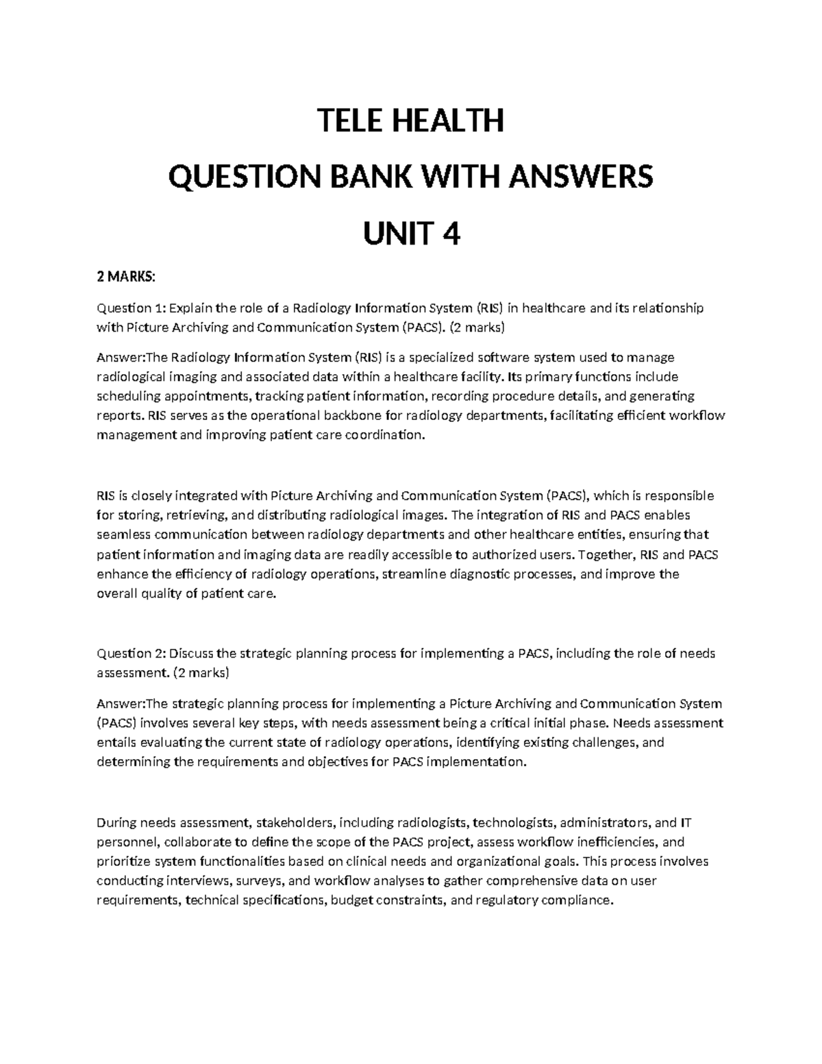 Tele health unit 4 5 QB WITH Answers - TELE HEALTH QUESTION BANK WITH ...