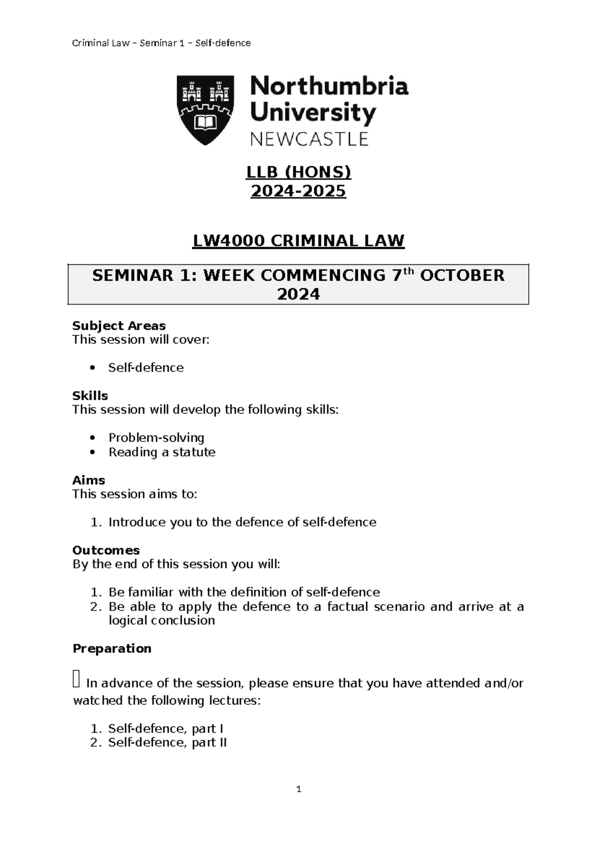 Criminal Law Seminar 1 LLB: Week of 7th October 2024 Overview - Studocu