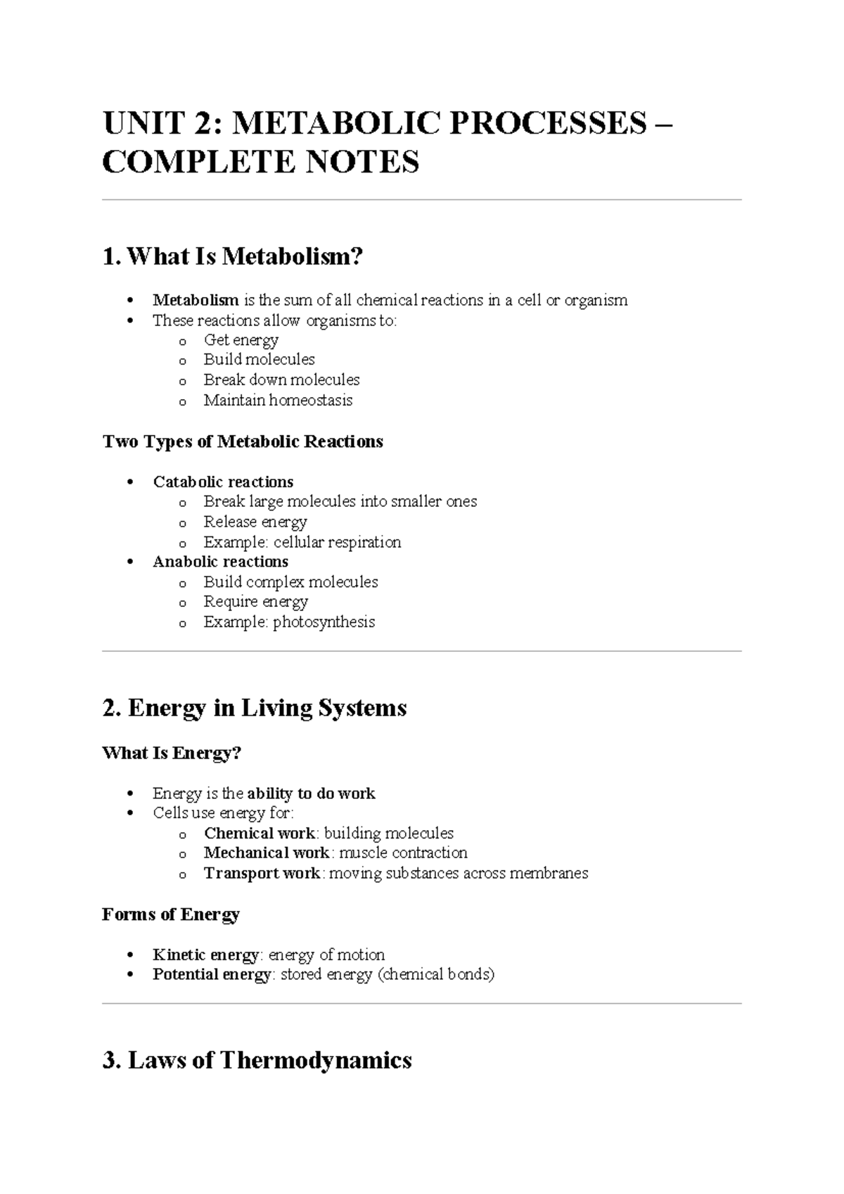 UNIT 2: COMPLETE NOTES ON METABOLIC PROCESSES (SBI4U1) - Studocu
