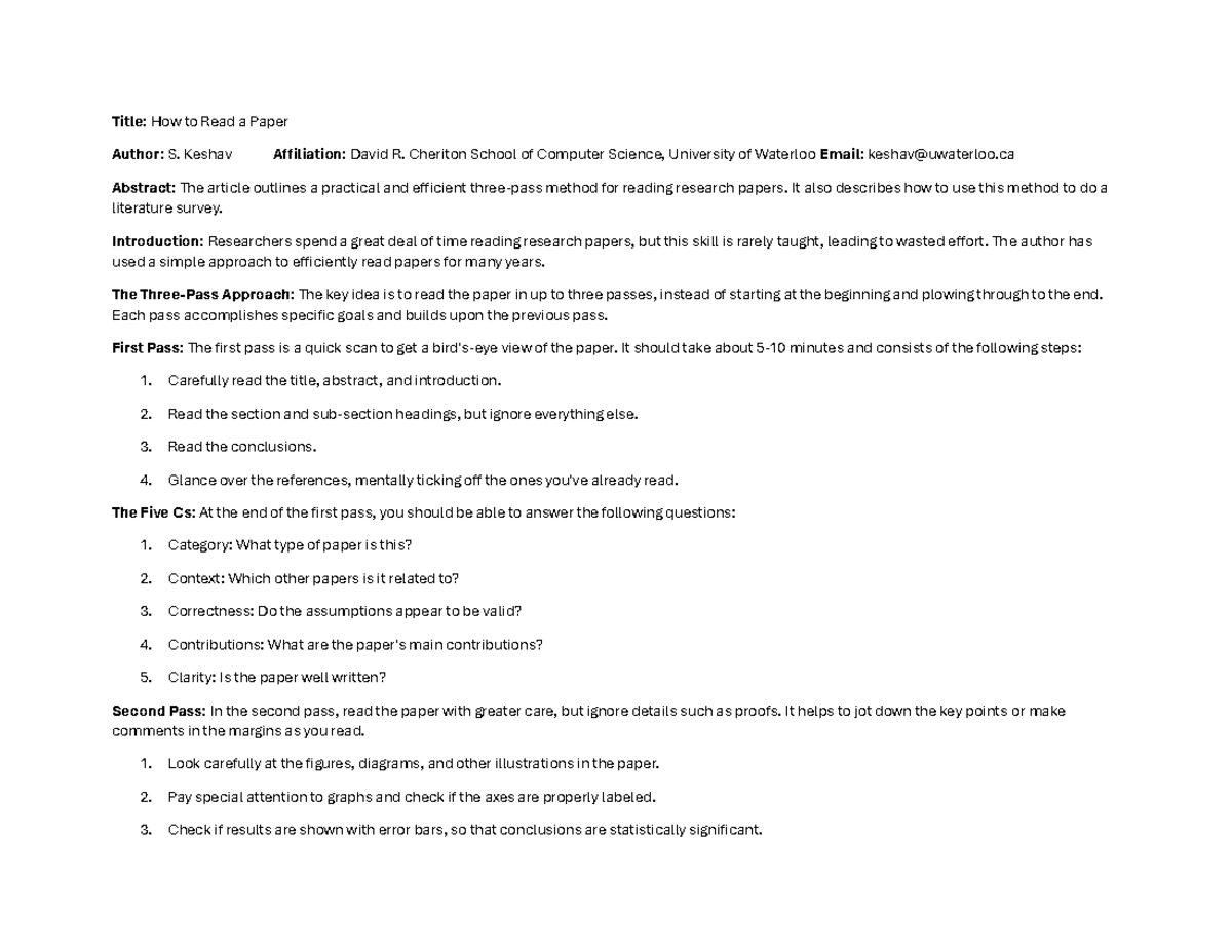 Reading Research Papers: A Practical Three-Pass Method Guide - Studocu