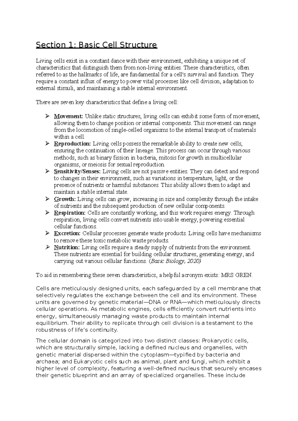 Basic Cell Structure: Key Characteristics and Eukaryotic Insights - Studocu
