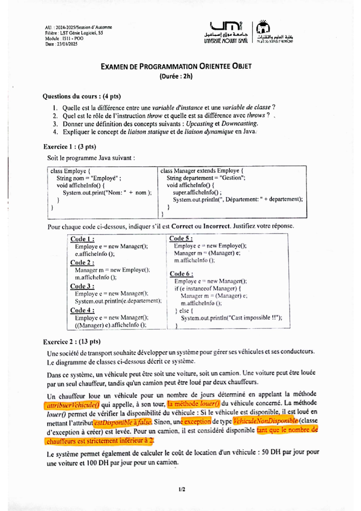 Java normal 2025 - khhgf - AU. Filière LST Génie Logiciel, S5 Juston ...