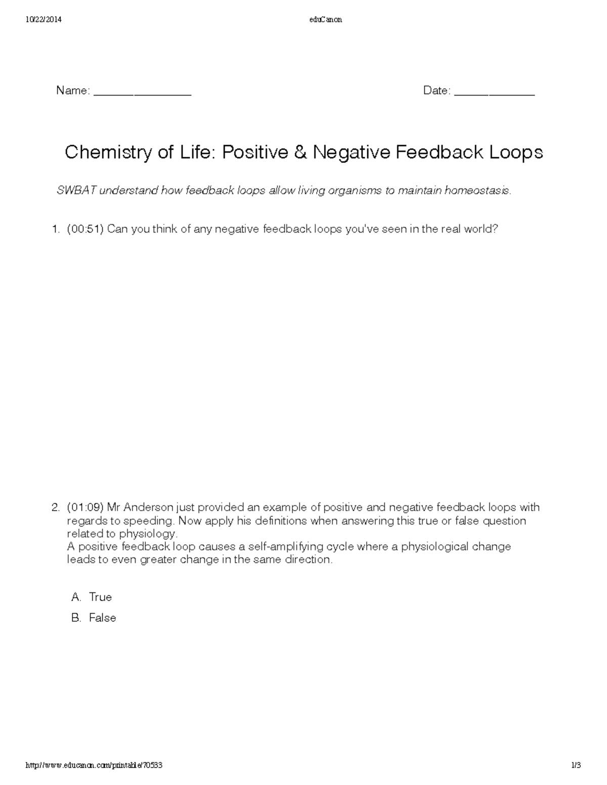 Positive and Negative Feedback Loops Worksheet - Bio 101 - Studocu