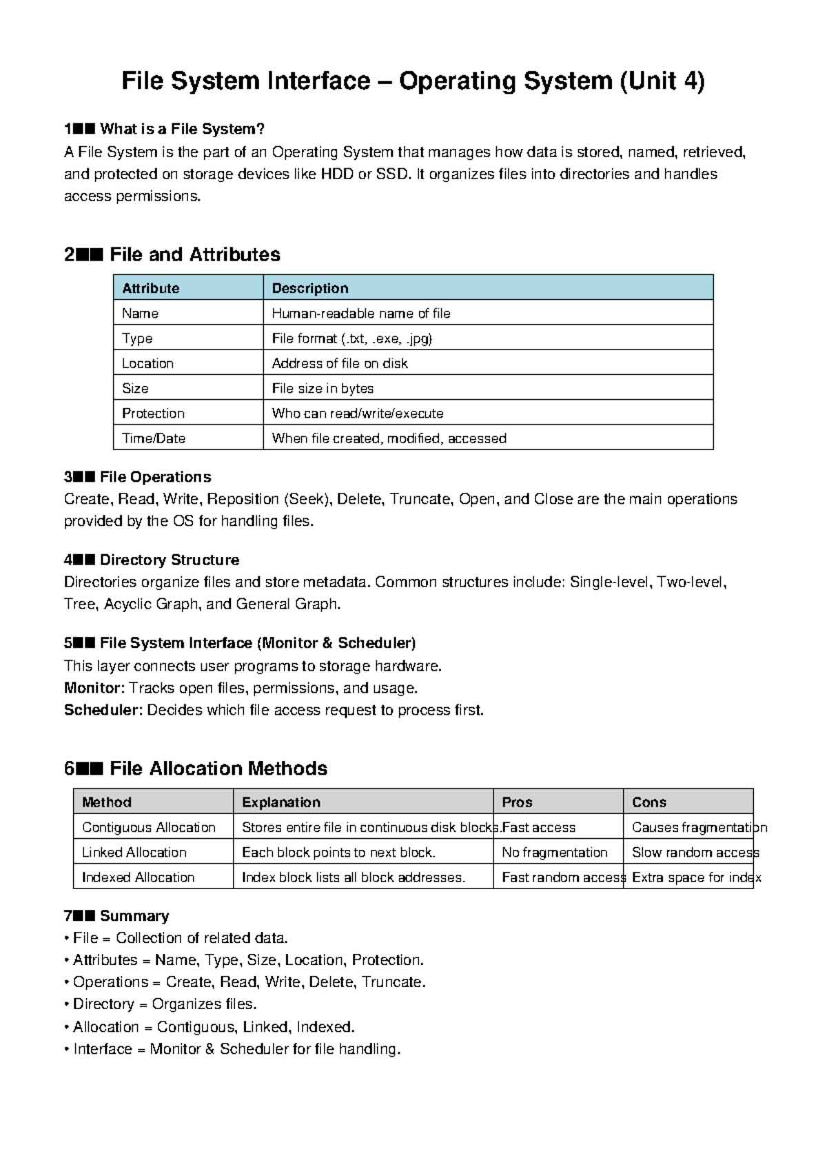 File System Interface Notes (OS Unit 4) - Overview and Operations - Studocu
