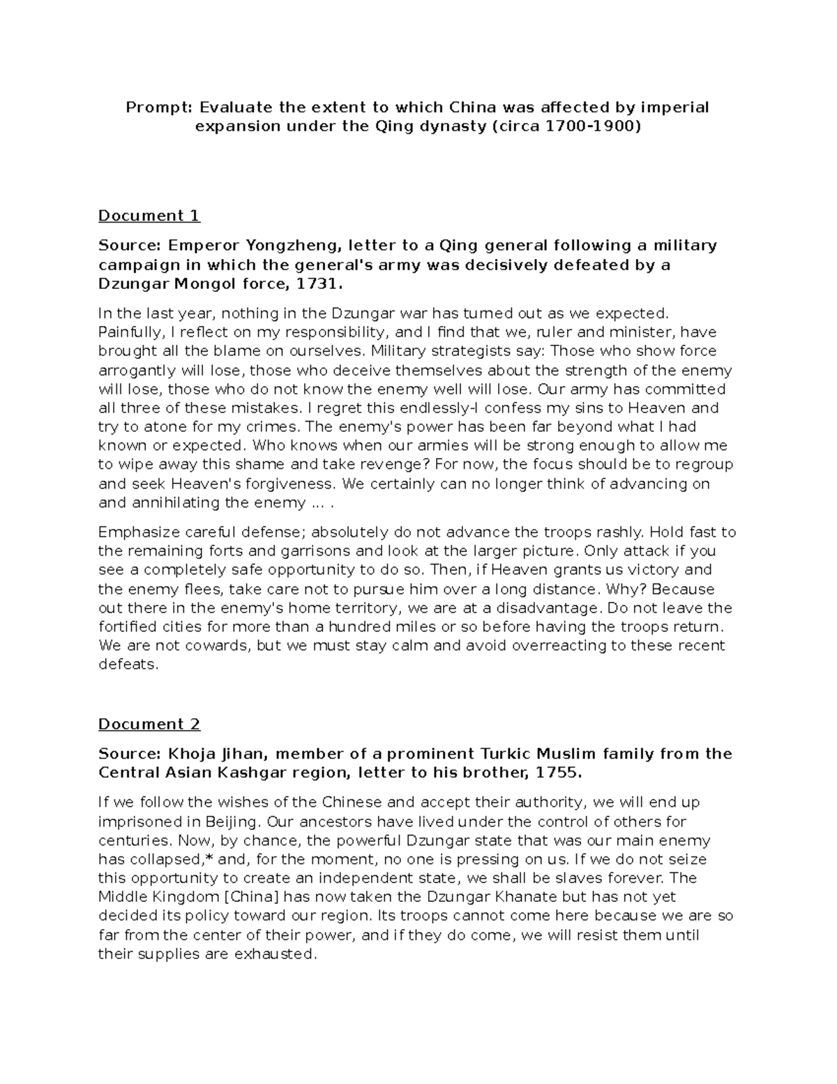 China's Qing Dynasty: Effects of Imperial Expansion (1700-1900) DBQ ...