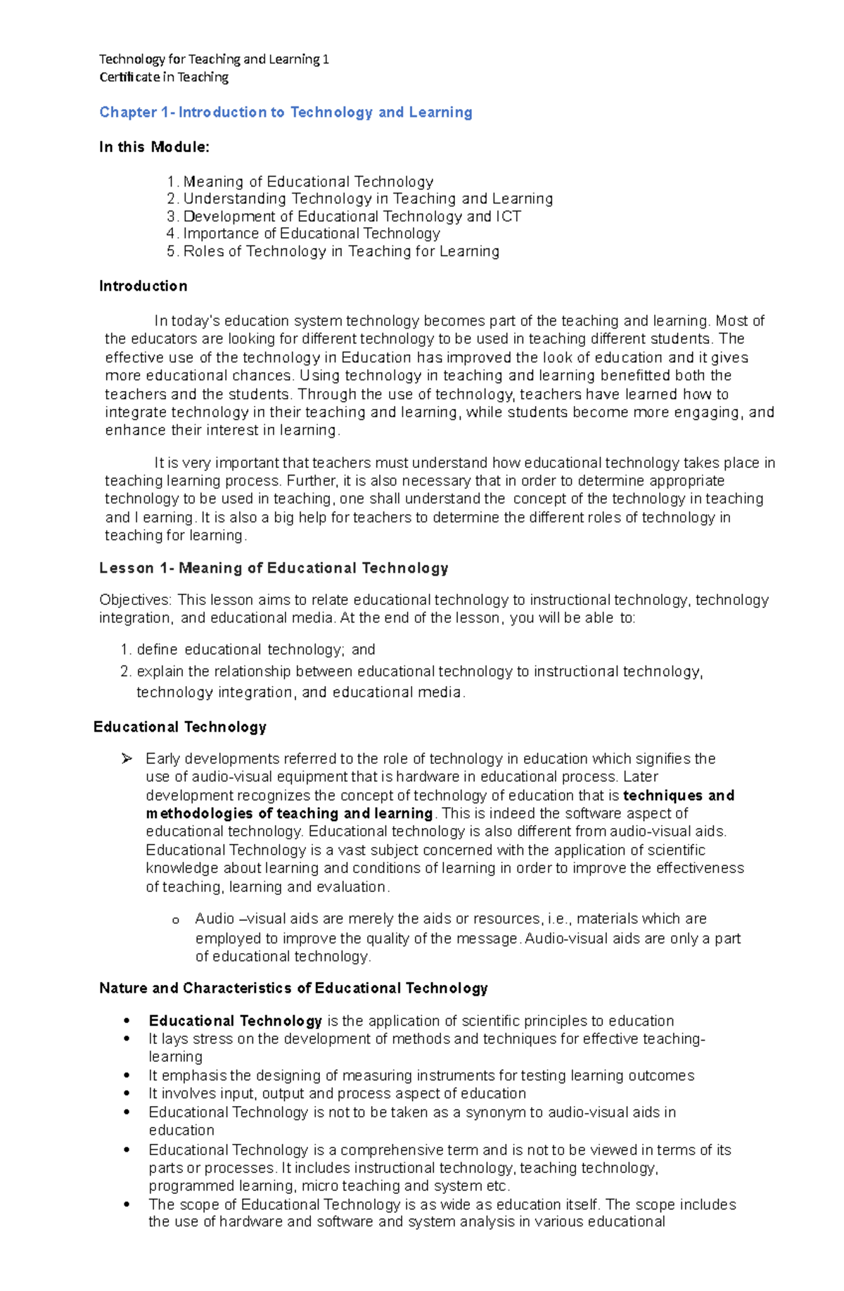 Module 1 Educ 7 technology in teaching and learning - Certificate in ...