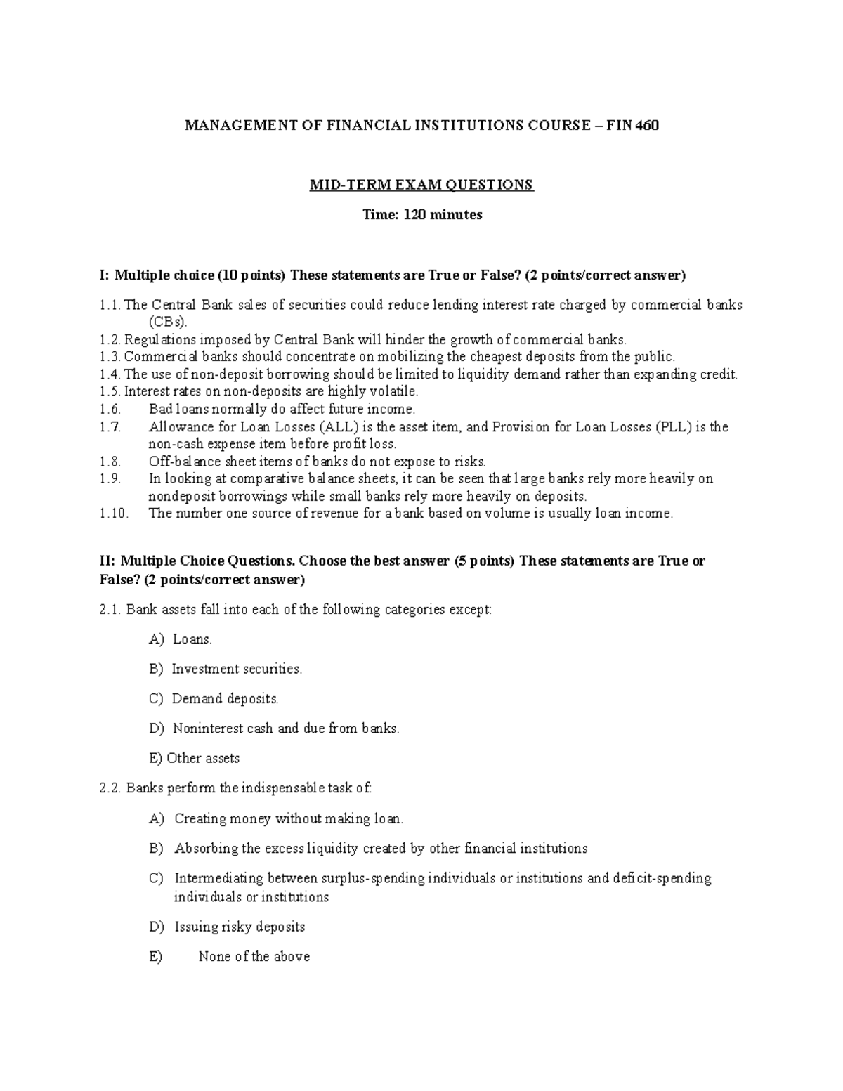 2024.Mid-term exam. update all - MANAGEMENT OF FINANCIAL INSTITUTIONS ...