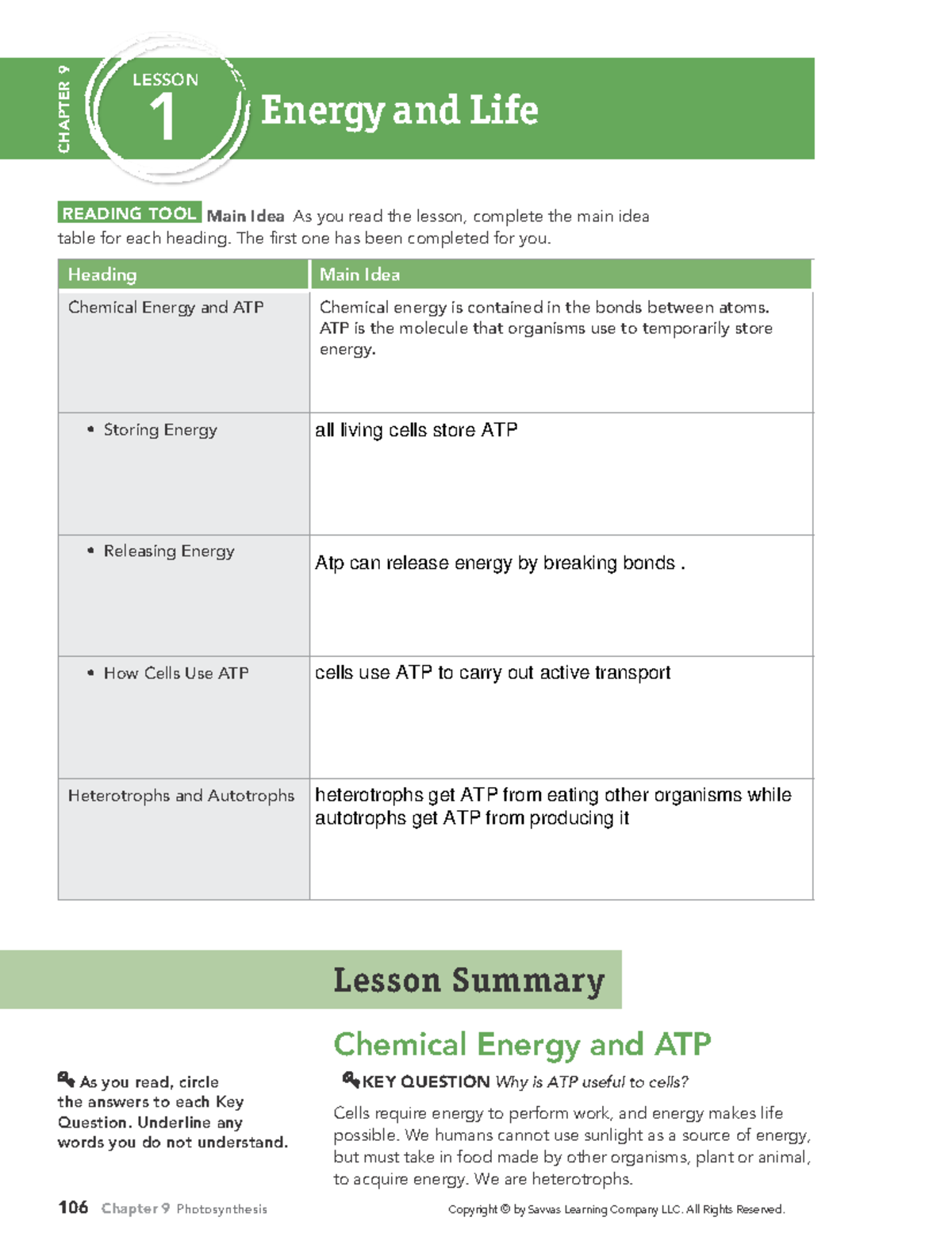 Biology Foundations Photosynthesis - CHAPTER ####### 9 LESSON 1 Energy ...