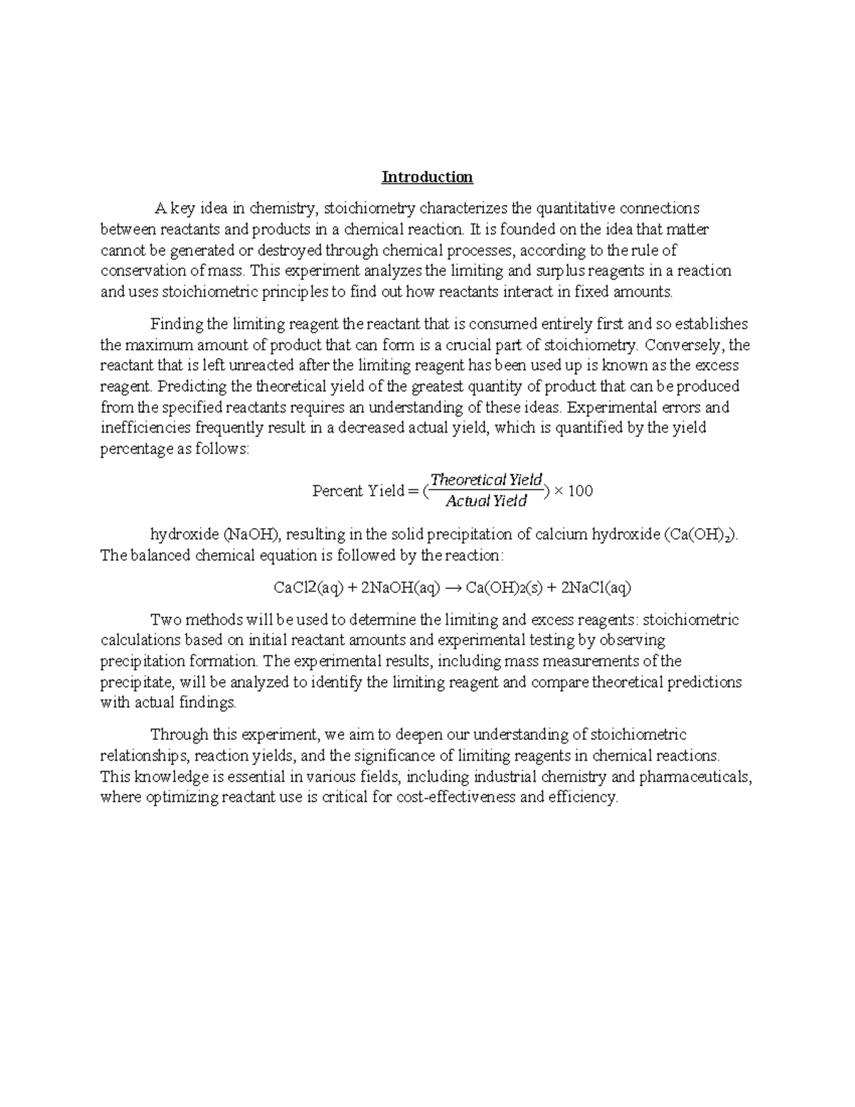 Lab 4 - Stoichiometry & Limiting Reagents in Chemical Reactions - Studocu