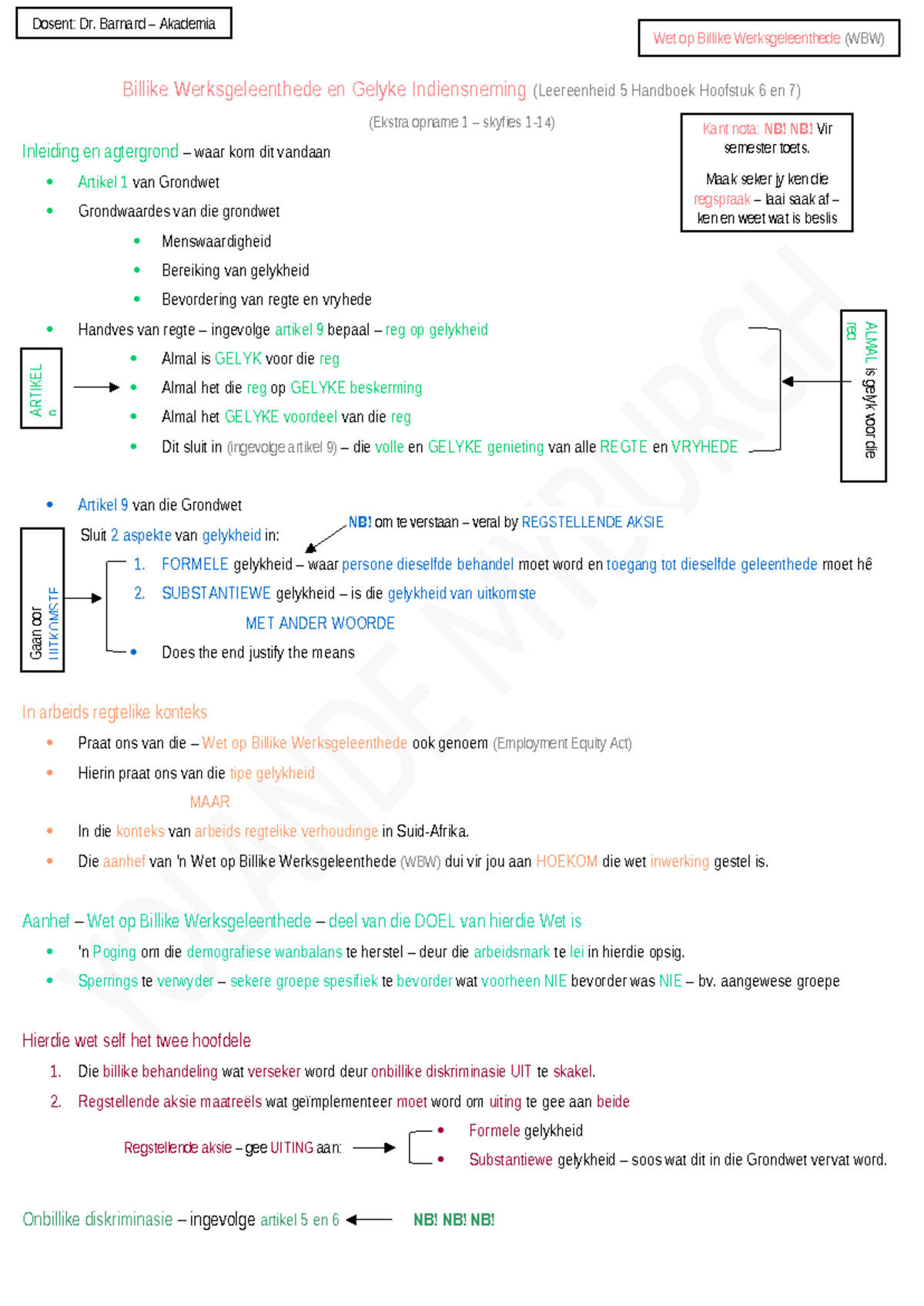 RARG 101 - Ekstra Opname 1: Billike Werksgeleenthede en Gelykheid - Studocu
