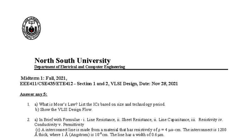 NSU ECE Midterm 1: VLSI Design, Fall 2021, Sections 1 & 2 - Studocu