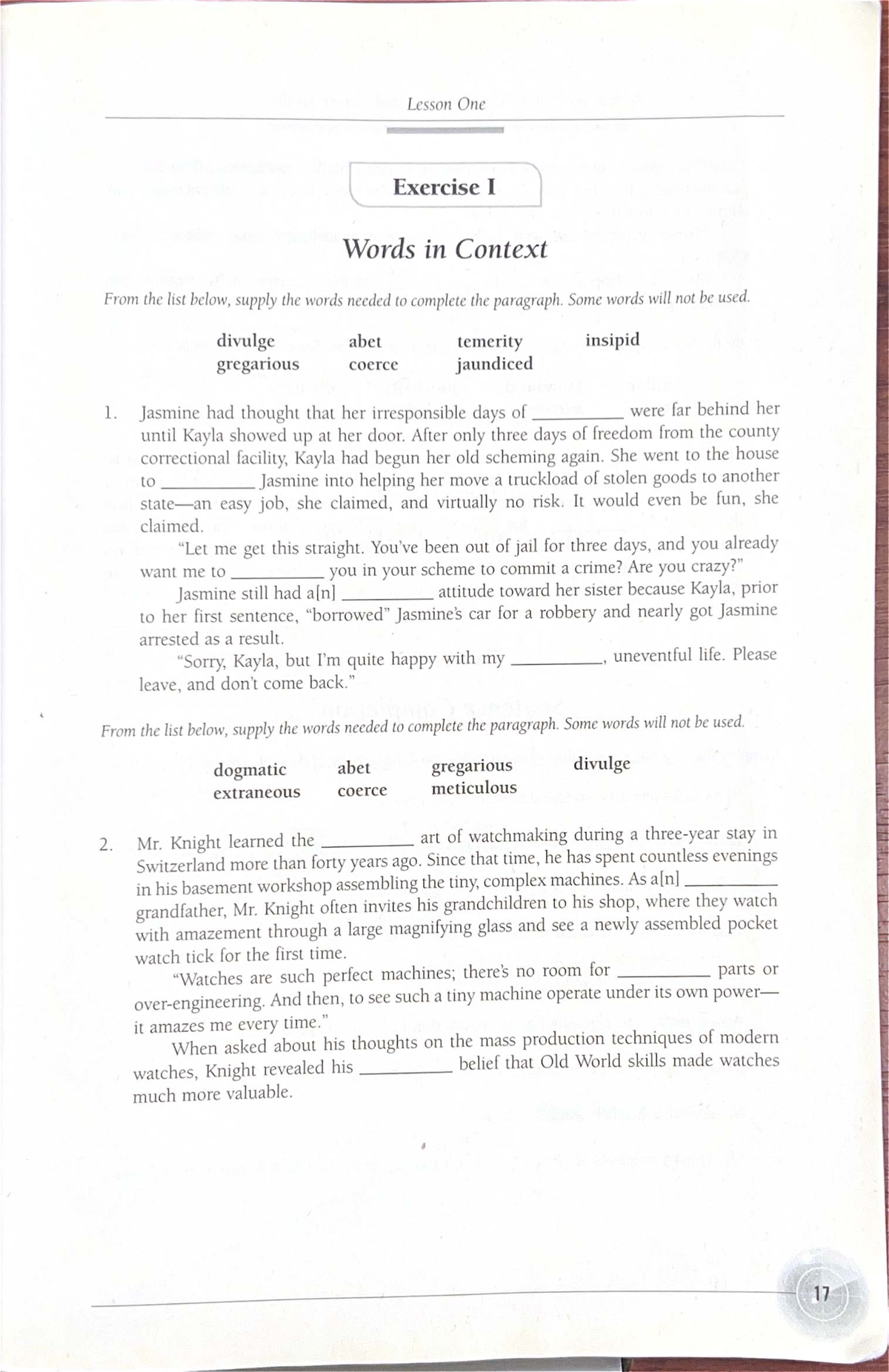 English 2 Vocab Unit 1 Exercises: Words in Context and Sentence ...