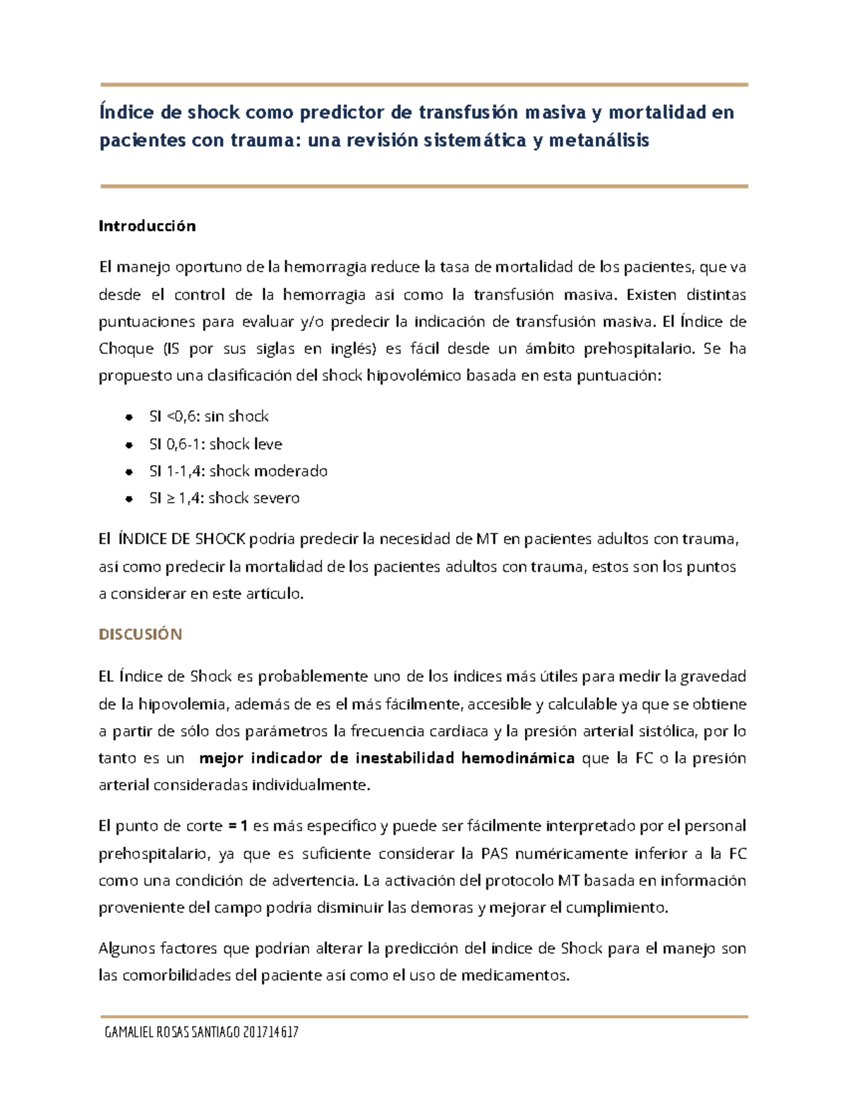 Resumen Articulos - INDICE DE SHOCK - Índice de shock como predictor de ...