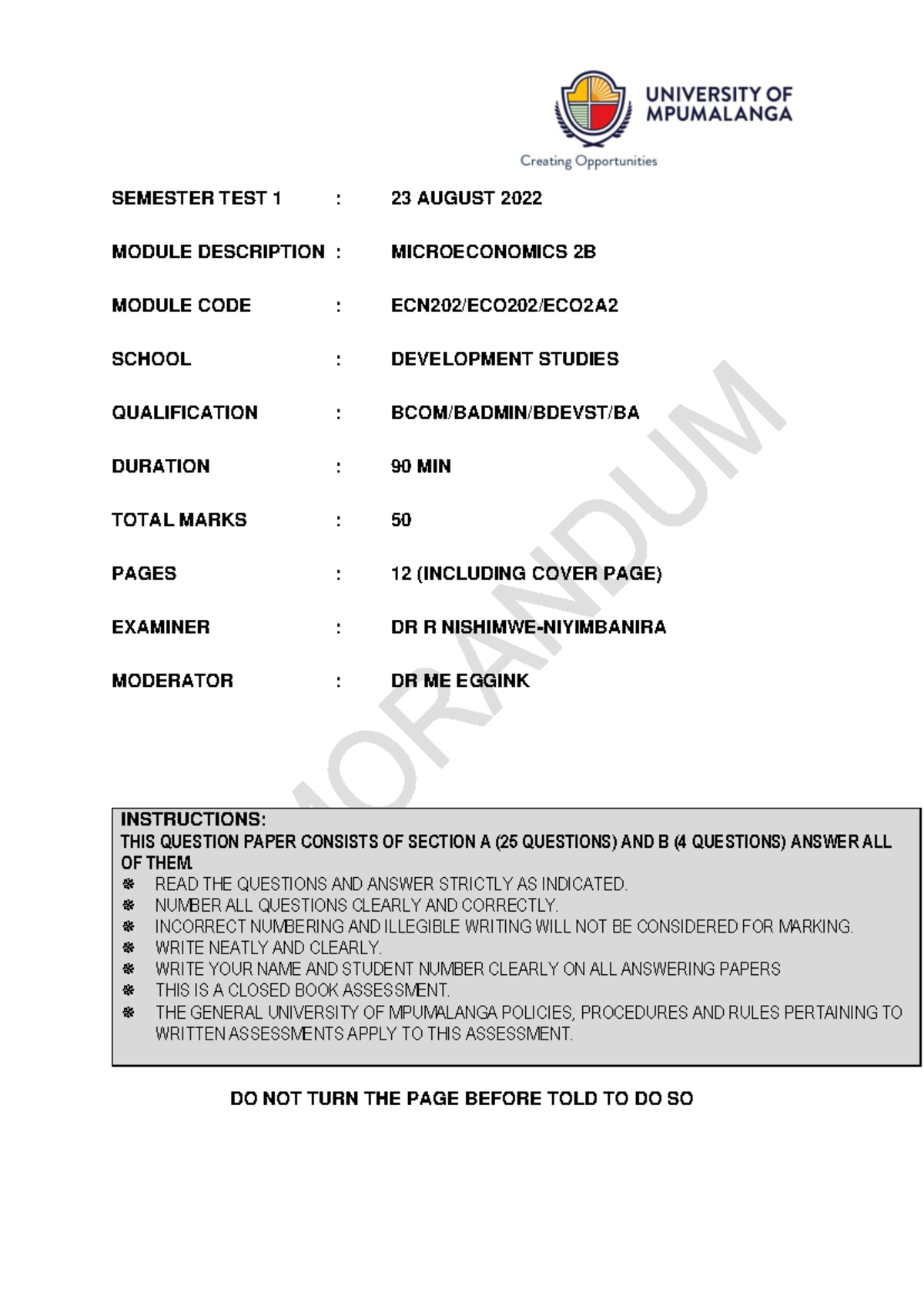 ECO202 Semester Test 1 Memo: Microeconomics 2B Analysis and Solutions ...