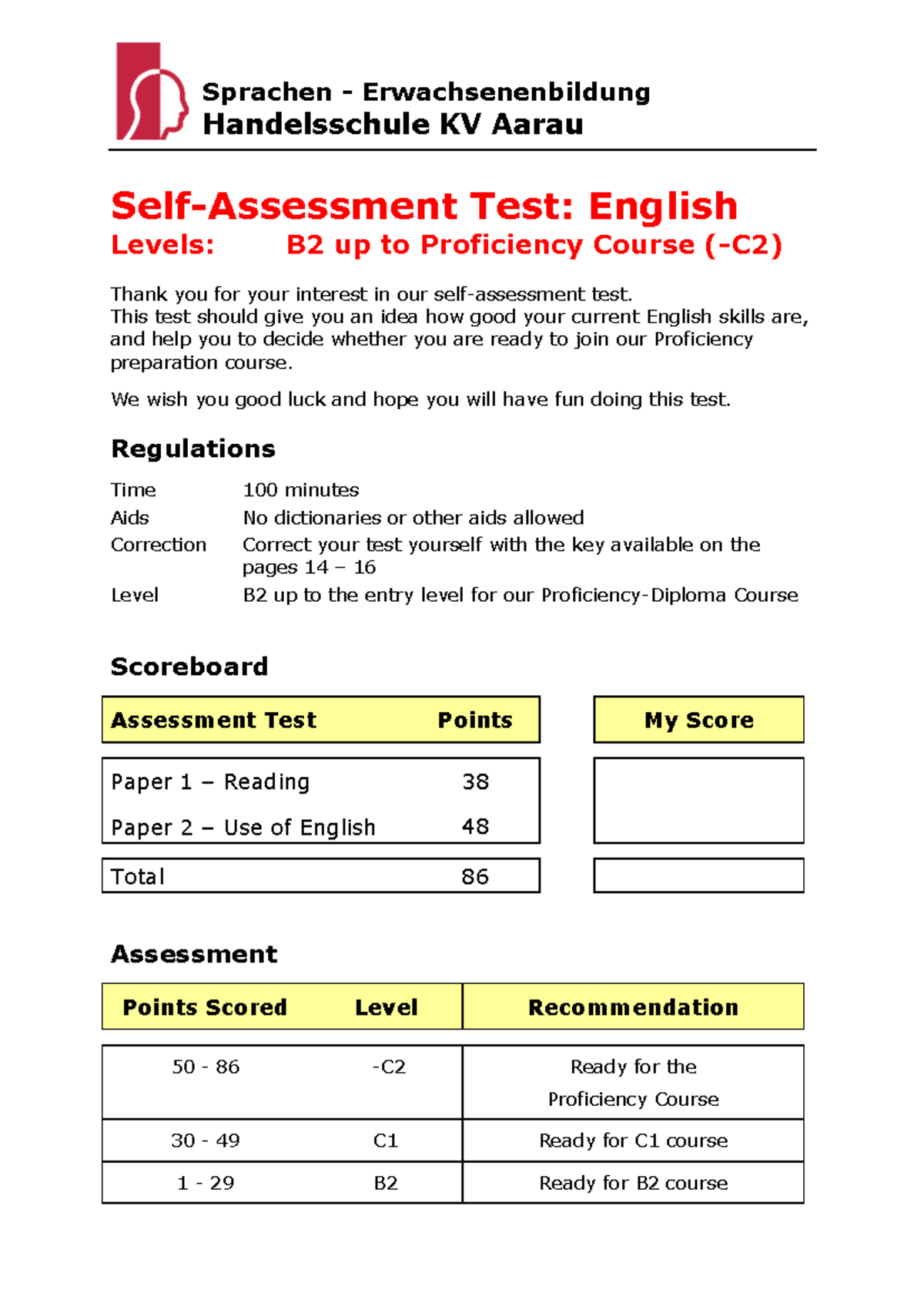 Self-Assessment Test: English Levels B2 to C2 (CPE) Evaluation Guide ...