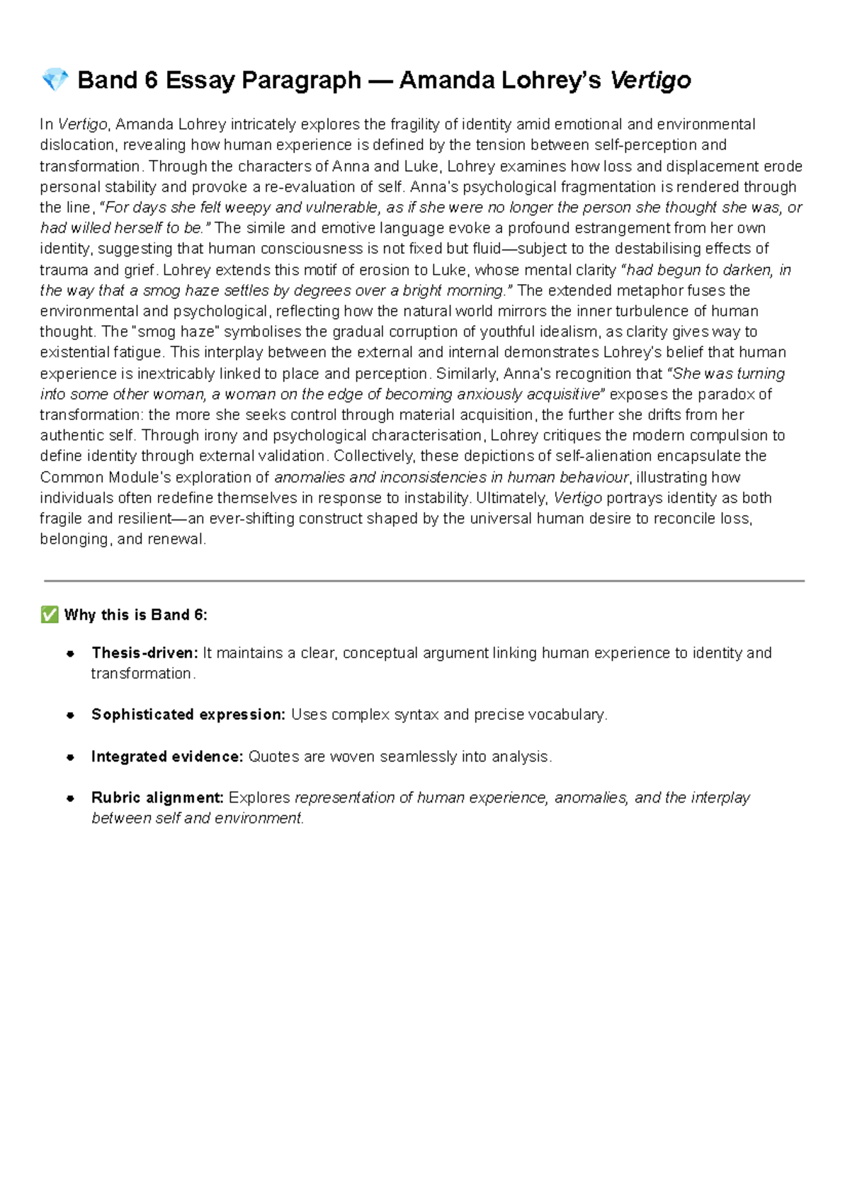 Band 6 Essay: Exploring Identity in Amanda Lohrey's "Vertigo" - Studocu