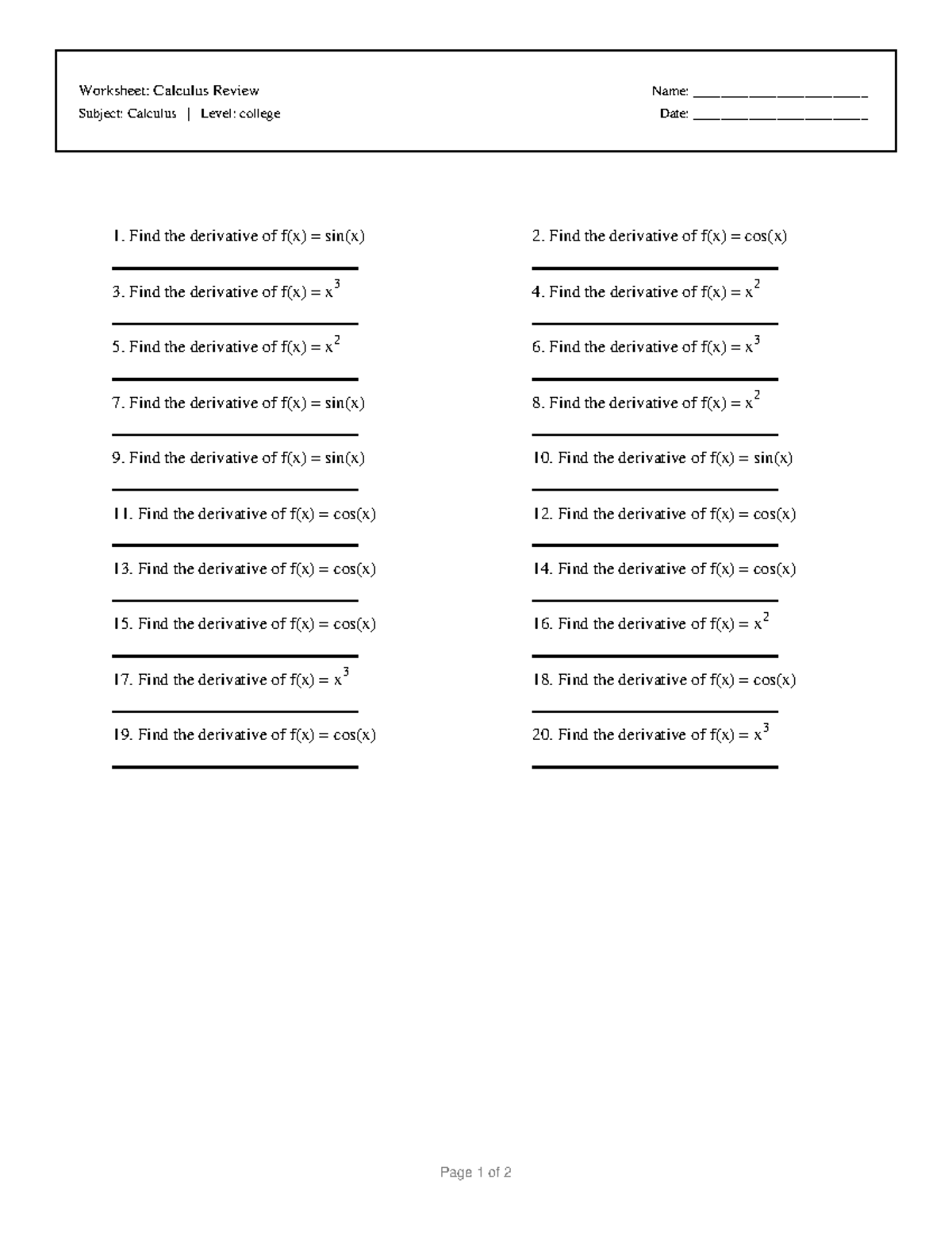 Calculus 101: Derivative Worksheet Review - Studocu