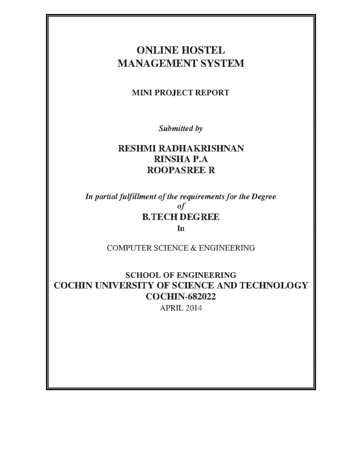 Online Hostel Management System - ONLINE HOSTEL MANAGEMENT SYSTEM MINI PROJECT REPORT Submitted ...