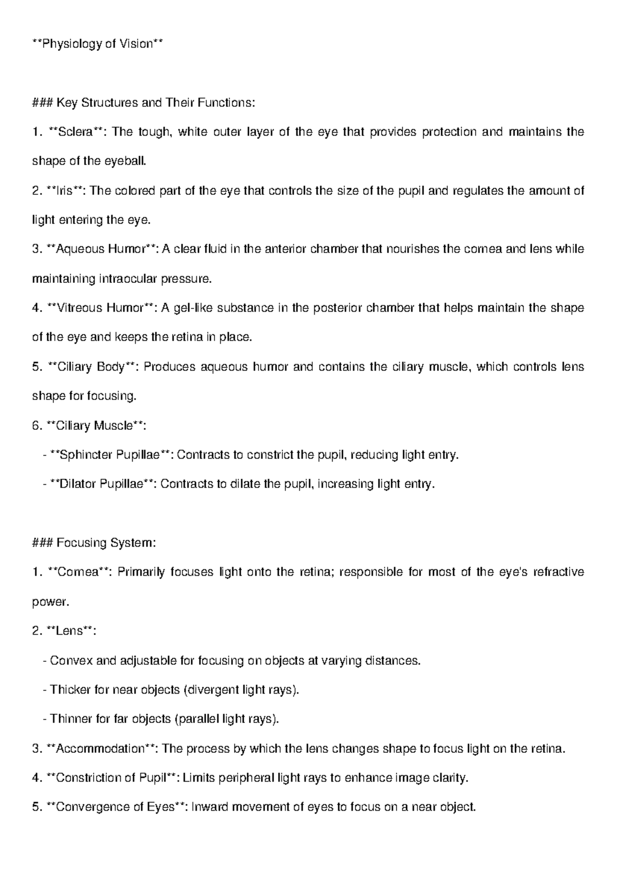 Special Senses Vision Notes - Physiology of Vision Key Structures and ...