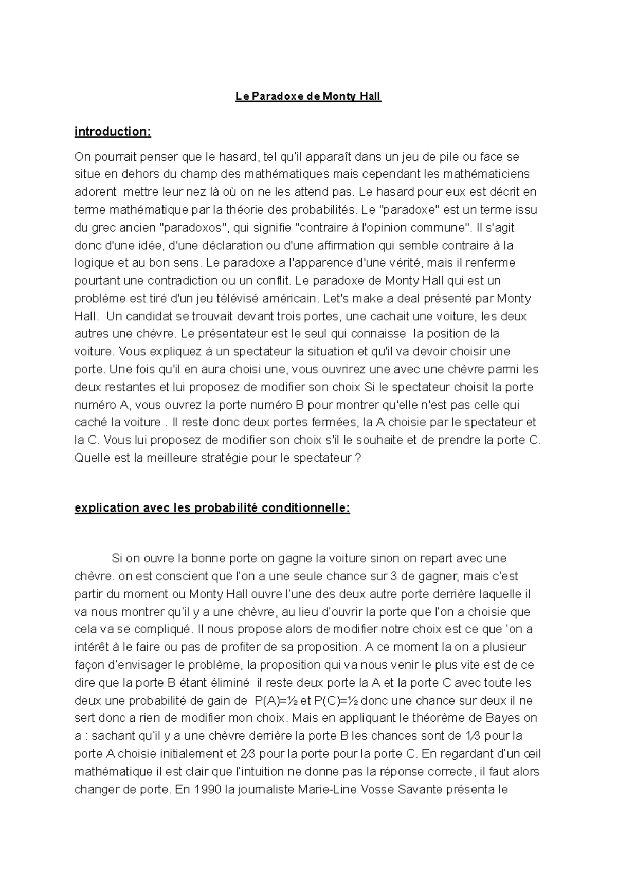 Grand oral Maths - Le Paradoxe de Monty Hall introduction: On pourrait ...