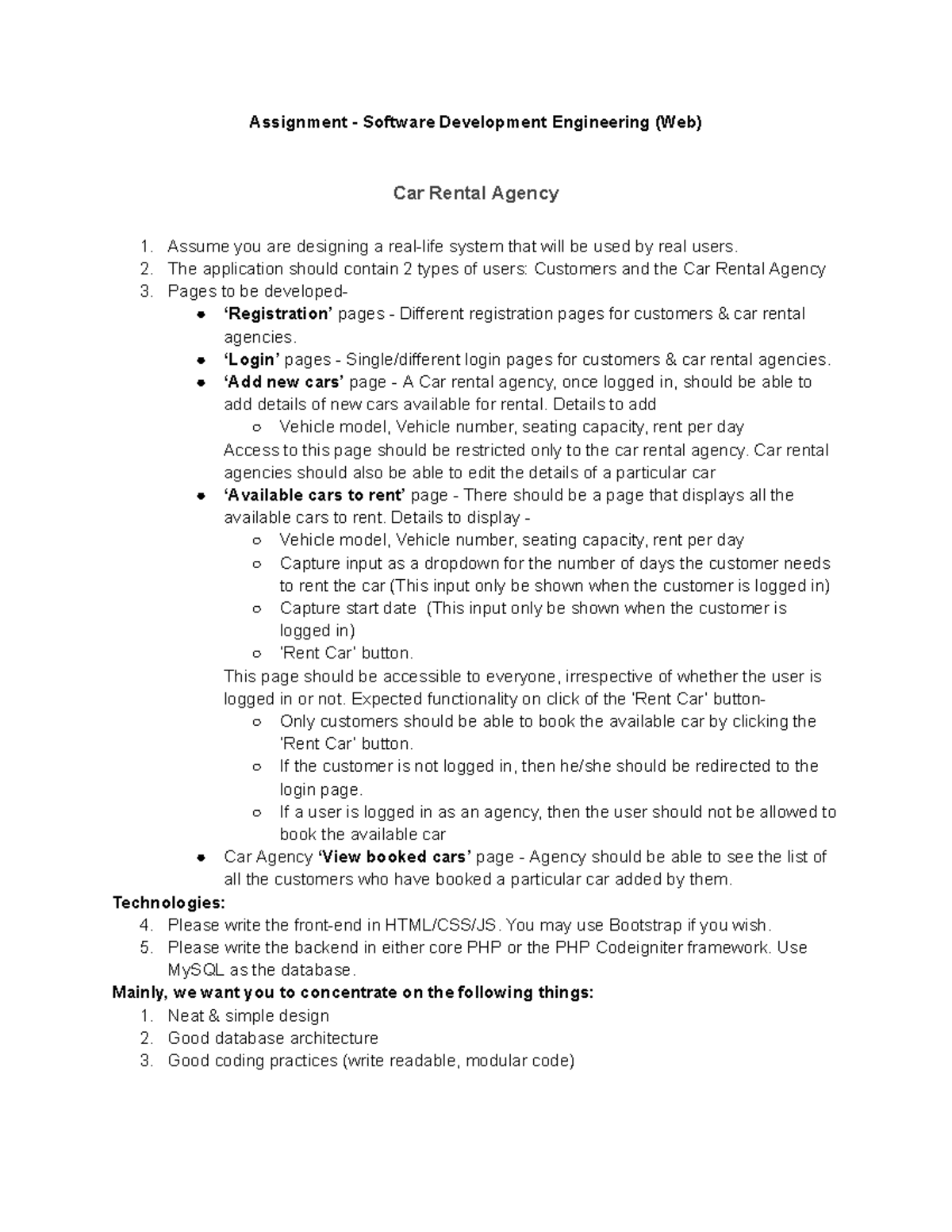 Assignment - Software Development Engineering (Web): Car Rental System ...