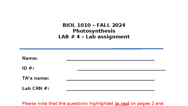 BIOL 1010 F2024 Photosynthesis Lab 4 Assignment Guide - Studocu