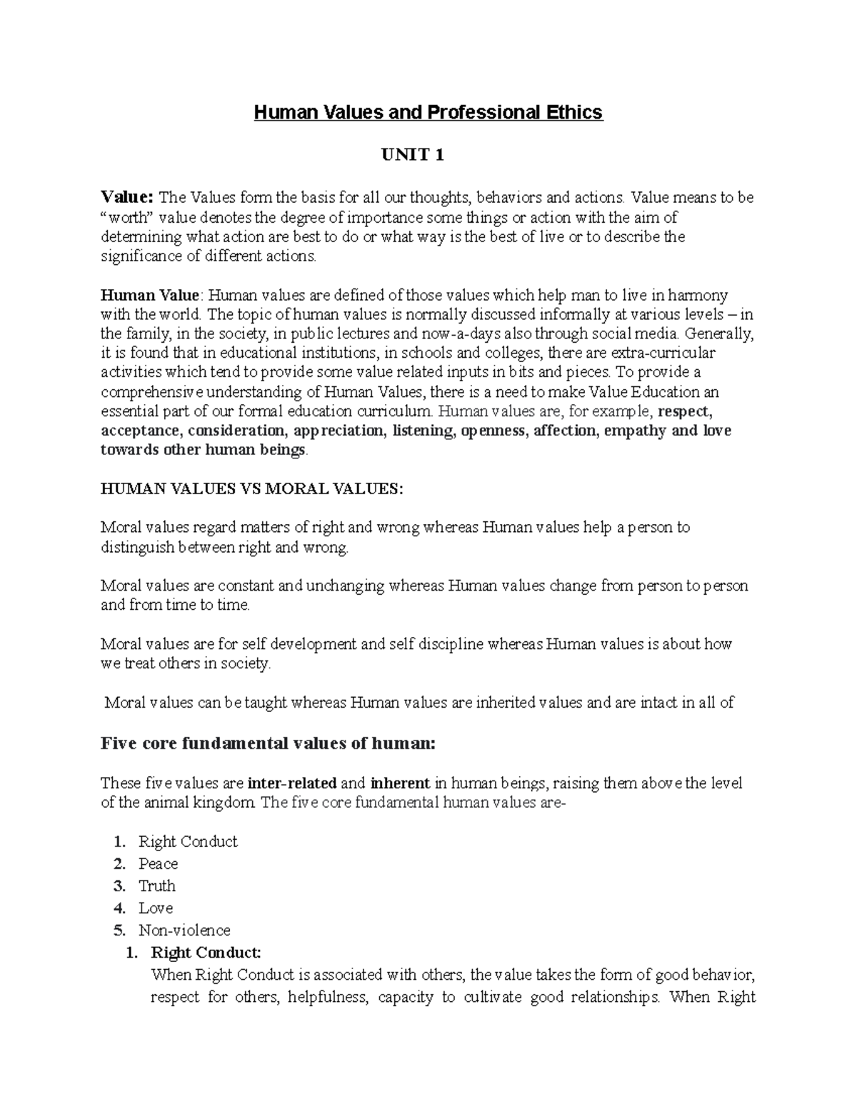 UHV Notes - Human Values and Professional Ethics UNIT 1 Value: The ...
