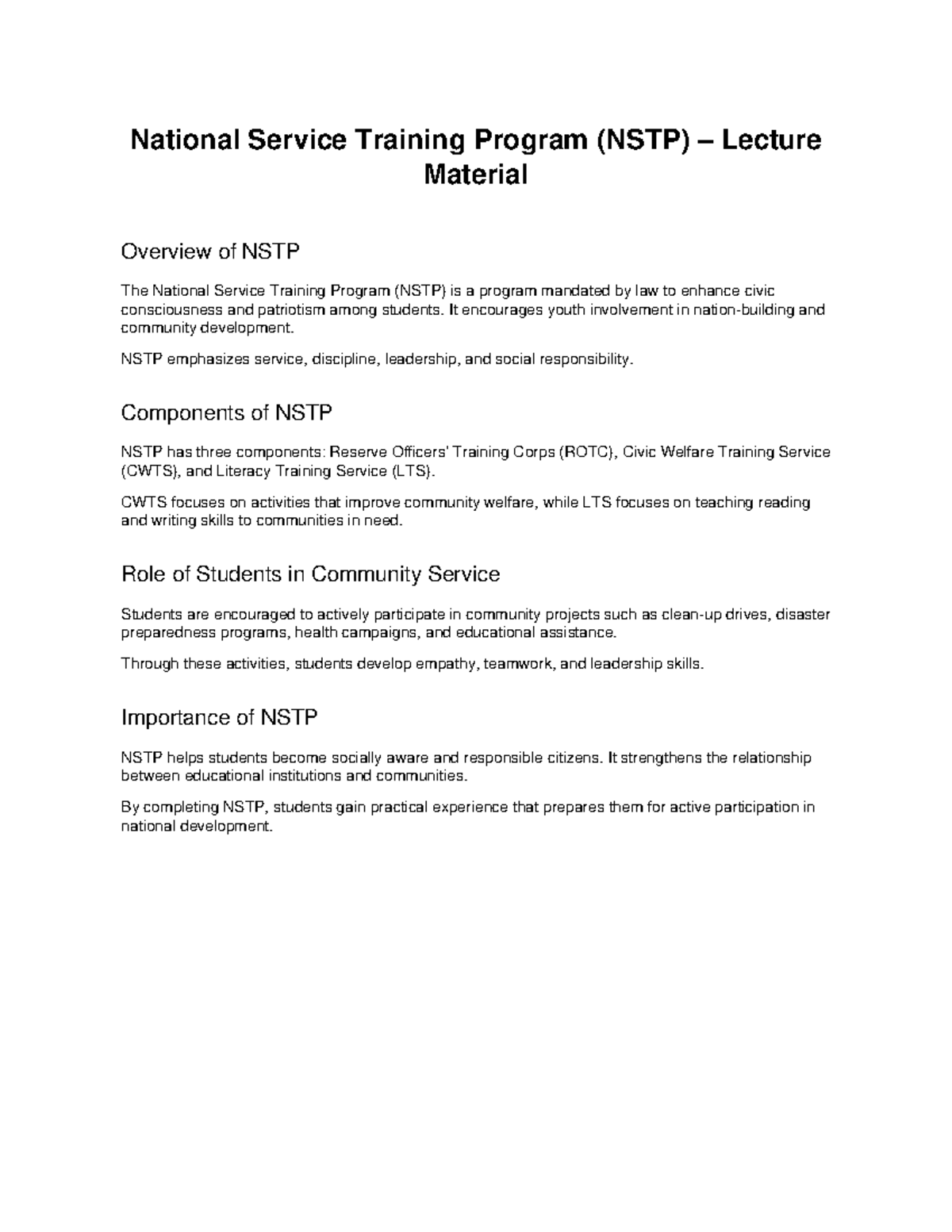 NSTP Full Lecture: Overview and Importance of Community Service - Studocu