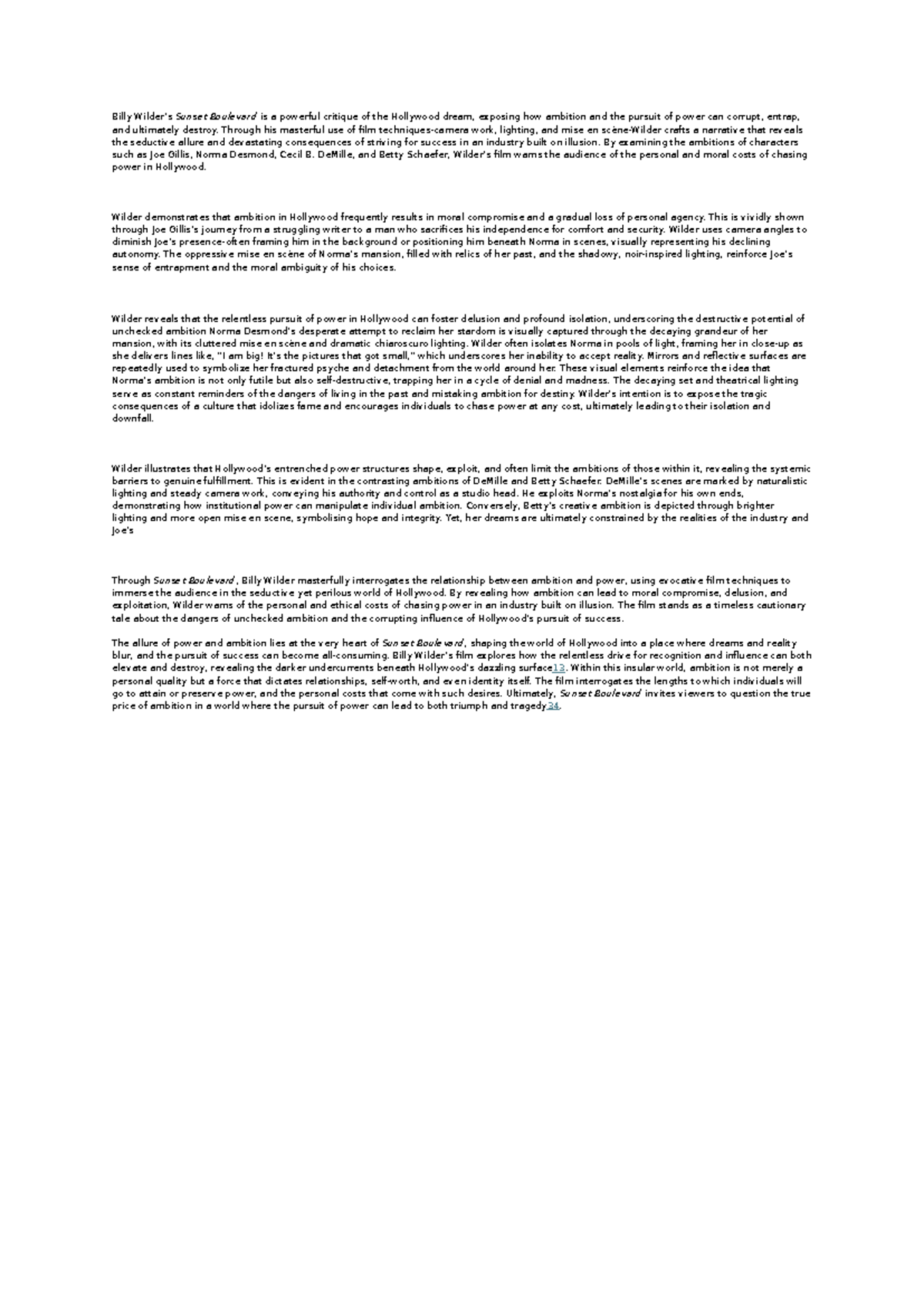 SUN 101: Analyzing Ambition and Power in Sunset Boulevard Essay - Studocu