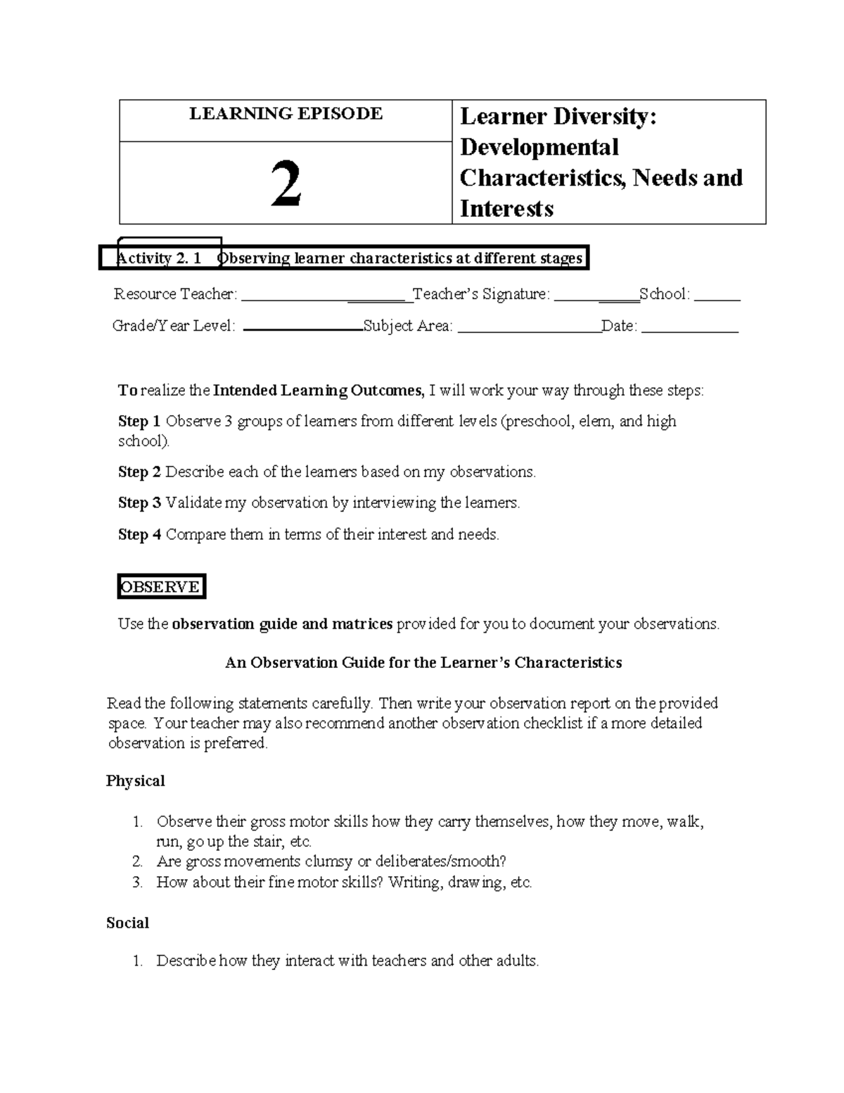 Learner Diversity: Observing Developmental Needs in Episode 2 - Studocu
