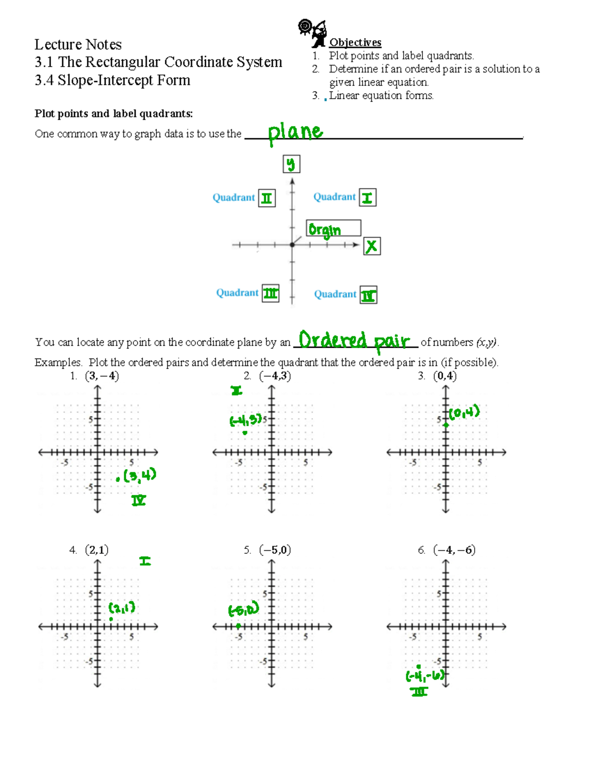 Rectangular Coordinate System and Slope-Intercept Form - Lecture Notes ...