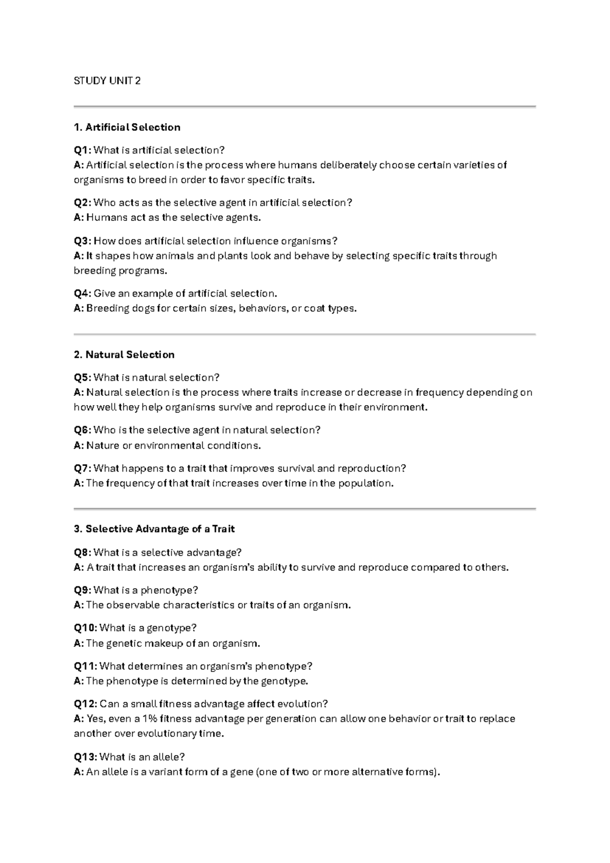 Study UNIT 3: Artificial & Natural Selection Overview - Studocu