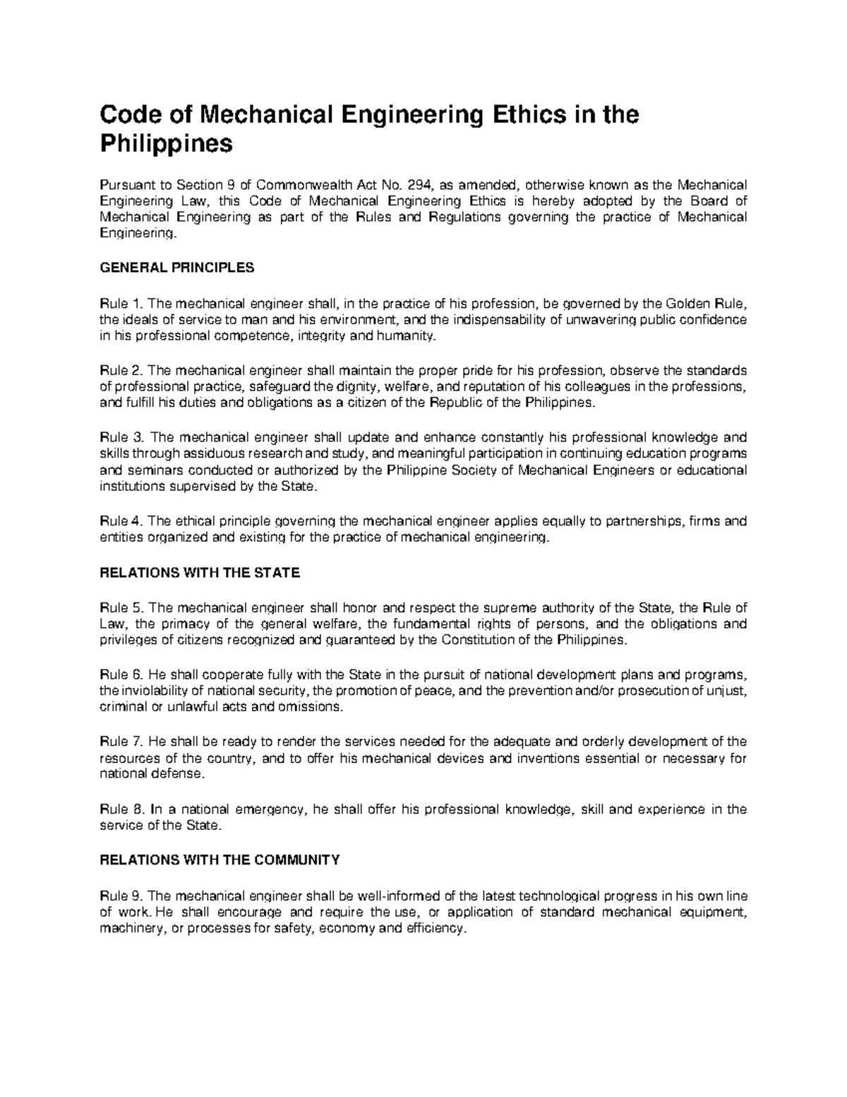 Code of Mechanical Engineering Ethics in the Philippines: Overview ...