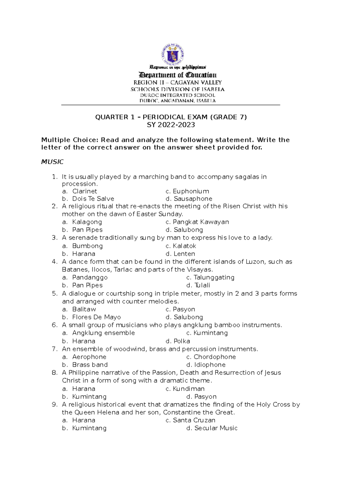 Grade 7 - EXAM - QUARTER 1 – PERIODICAL EXAM (GRADE 7) SY 2022 ...
