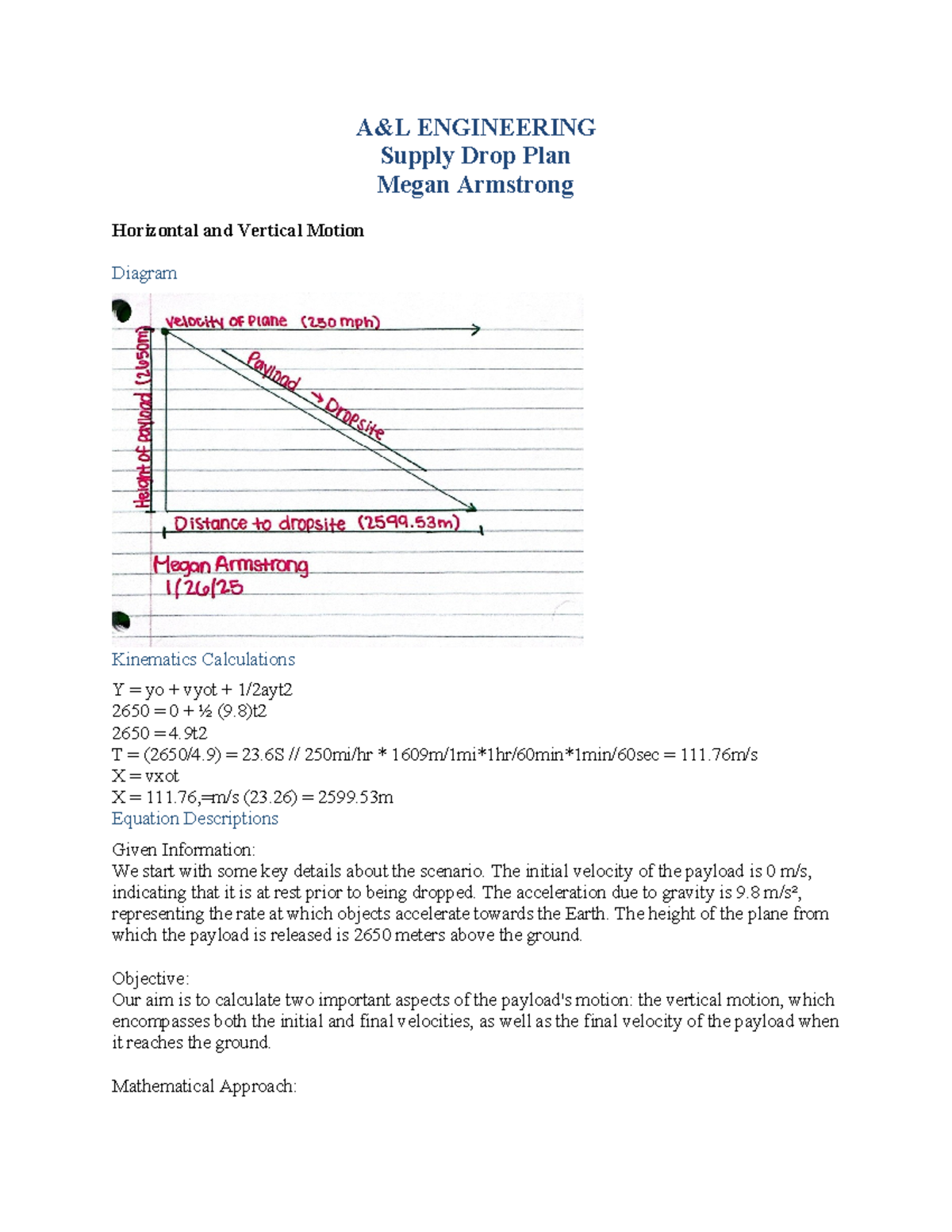 PHY 150 Project One Supply Drop Plan Completed - A&L ENGINEERING Supply Drop Plan Megan - Studocu