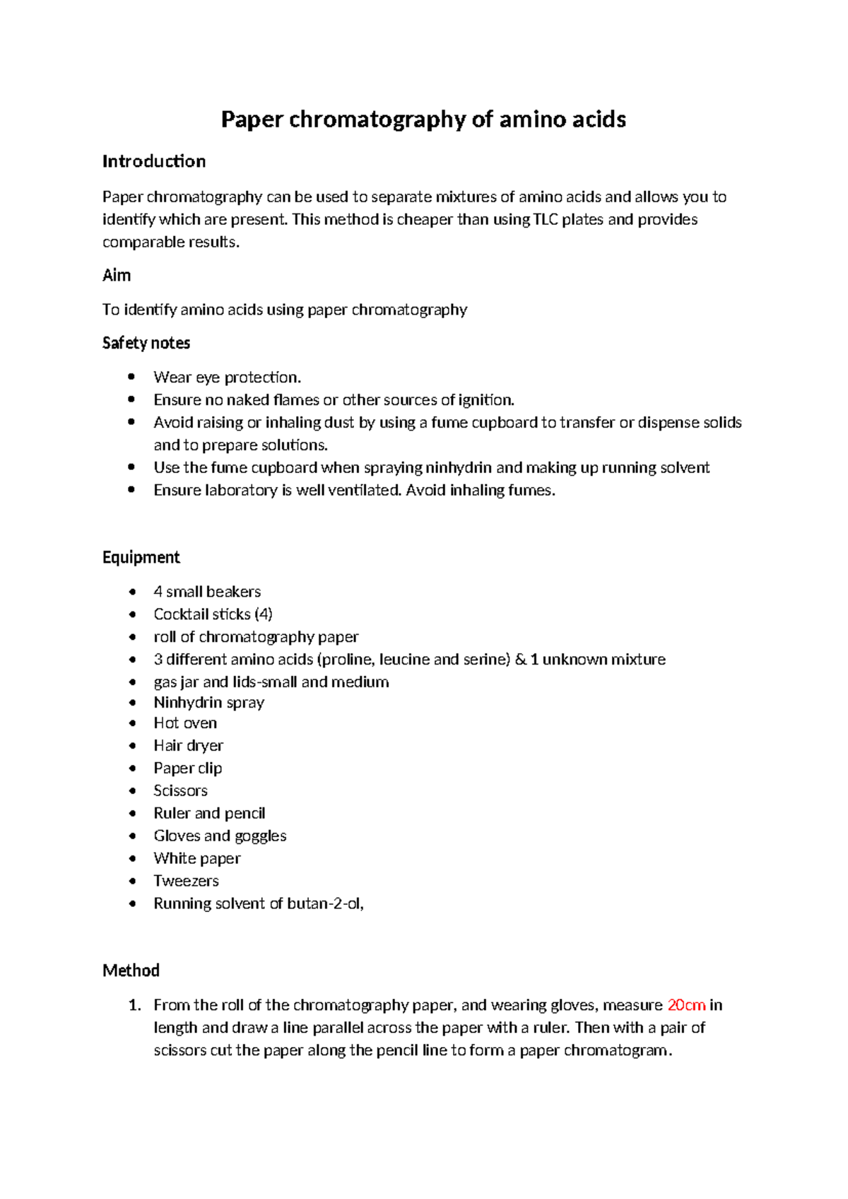 Method for Paper Chromatography of Amino Acids (Lab Protocol) - Studocu