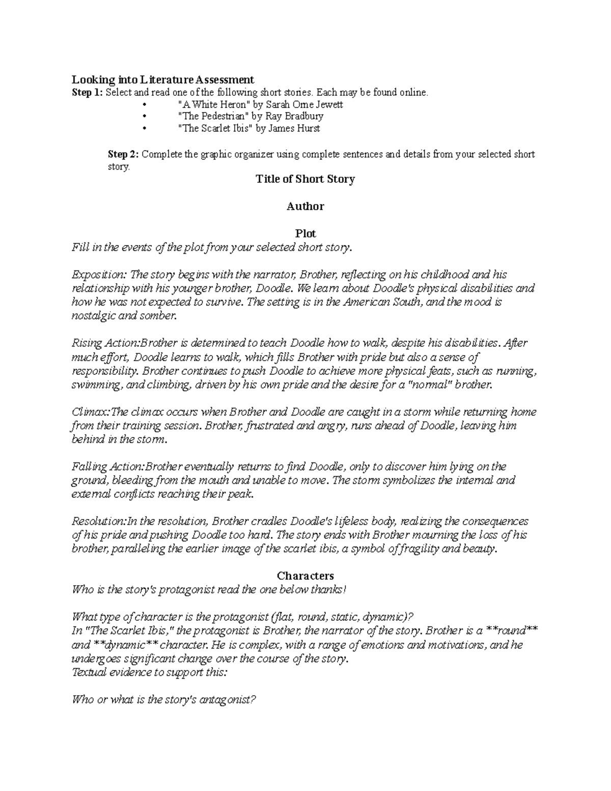 Literature Assessment Analysis: "The Scarlet Ibis" (ENG 101) - Studocu