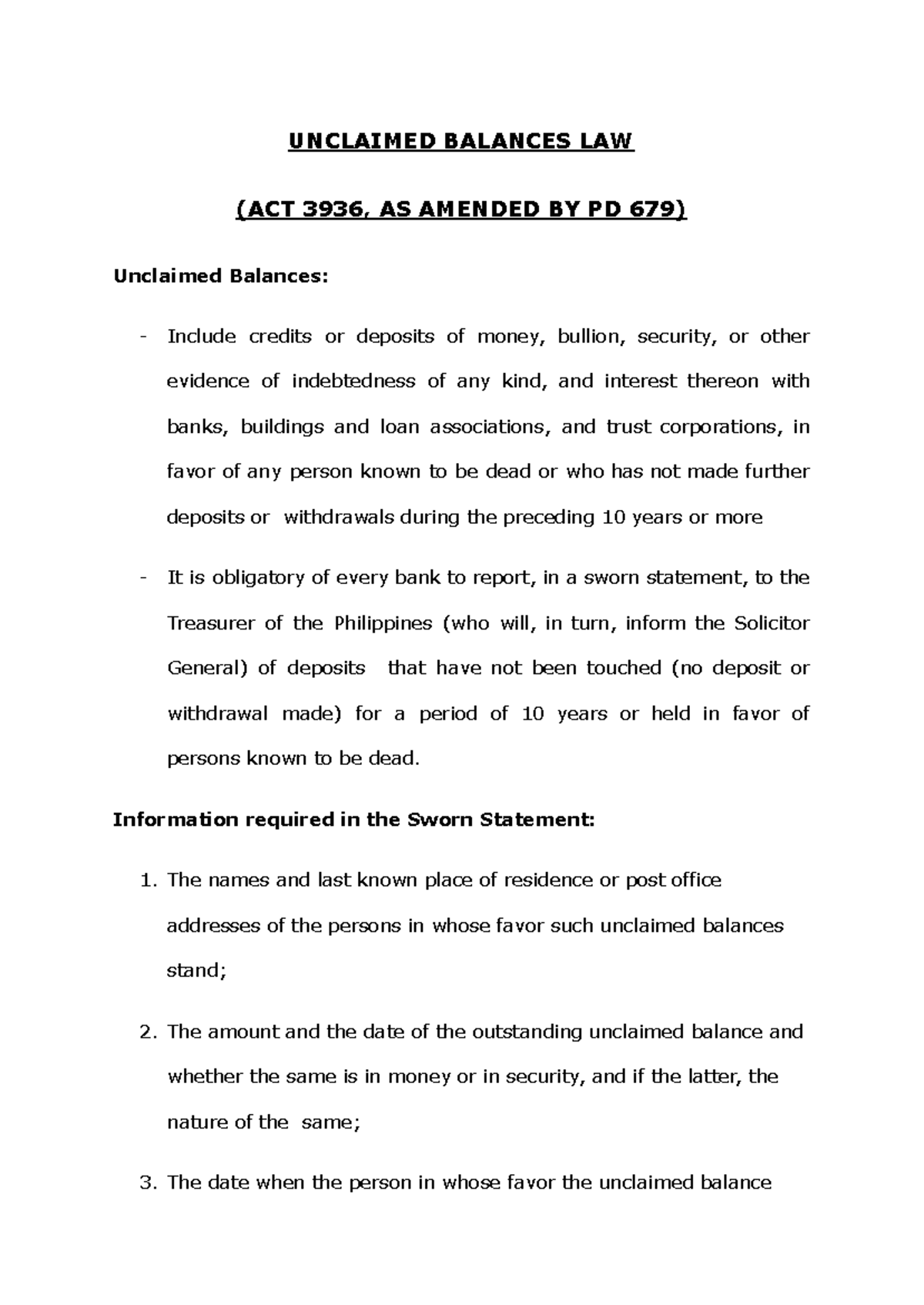 Unclaimed Balances LAW (Act 3936, PD 679) Overview and Procedures - Studocu